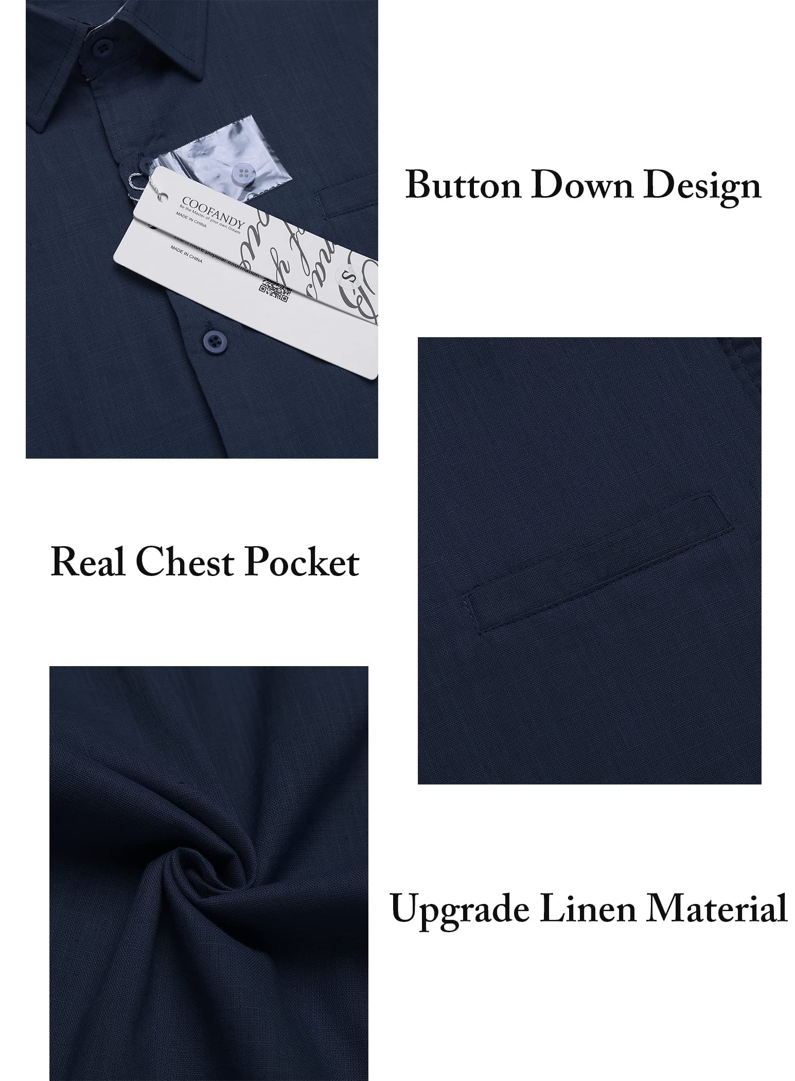 COOFANDY Mens Shirt Linen Casual Button Down Summer Beach Tops, Navy Blue, Large, Short Sleeve