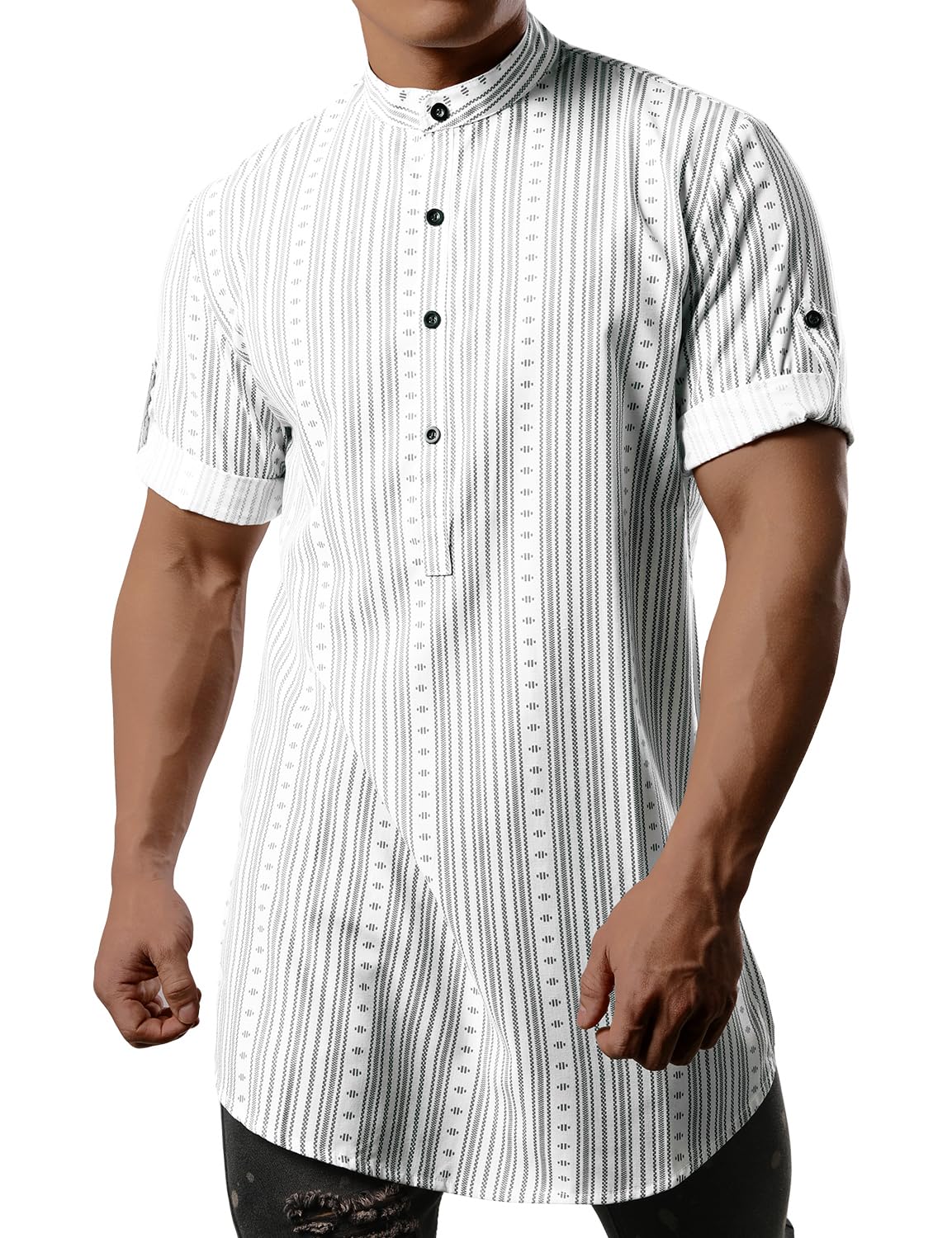 JOGAL Mens Striped Henley Shirt Short Sleeve Traditional African Style Dashiki Shirts White X-Large