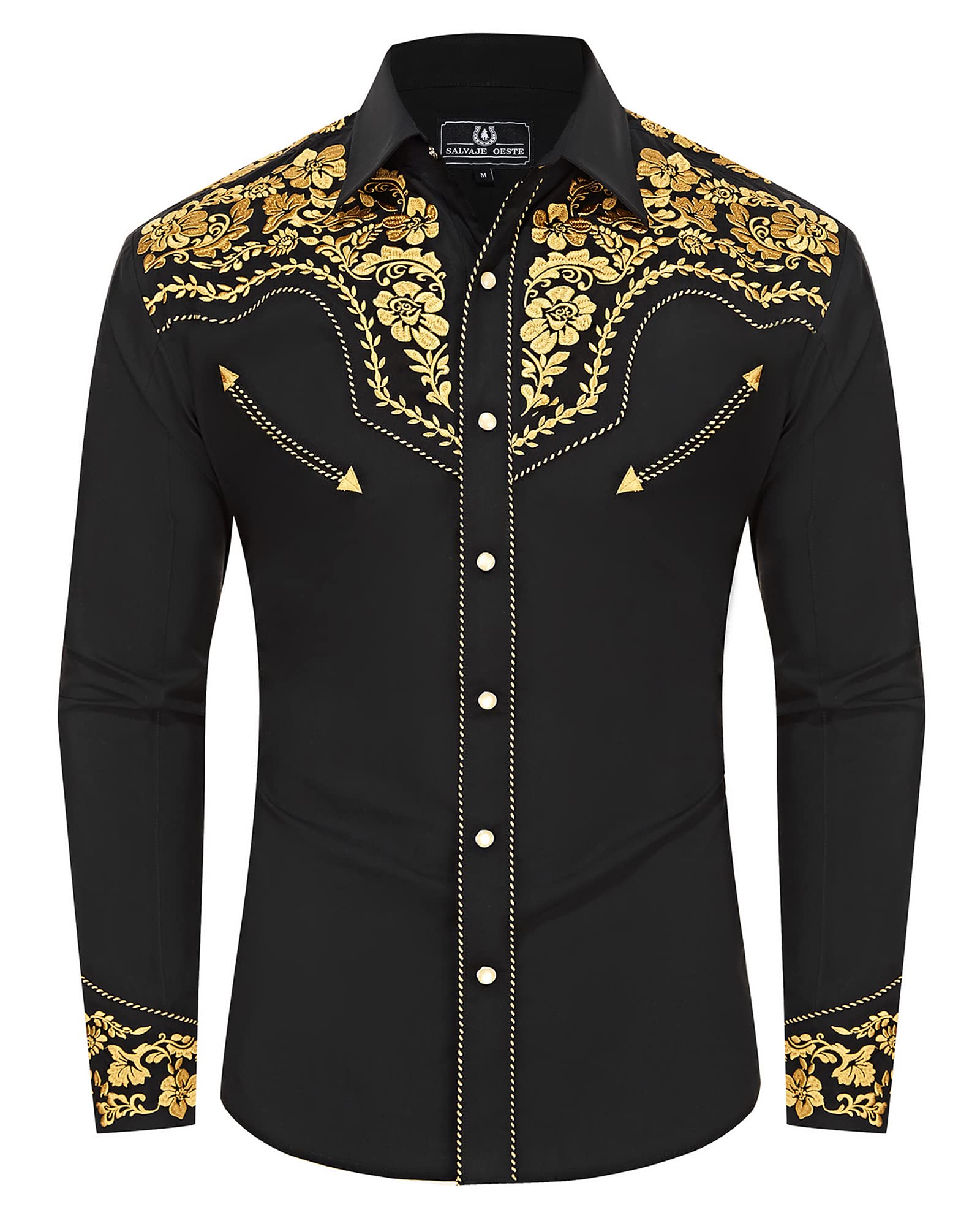 SALVAJE OESTE Embroidered Western Cowboy Shirts for Men Snap Button Long Sleeve Shirt with Western Cowboy Embroidery Black-Yellow