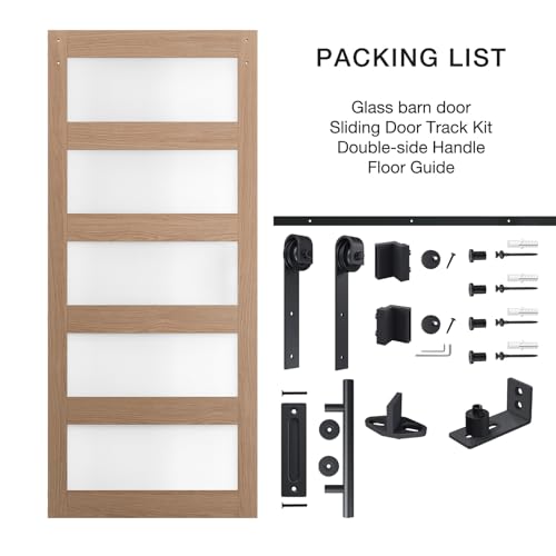 COSHOMER 36in x 84in 5-Panel Sliding Glass Barn Door with 6.6ft Hardware Kit Included, Easy Assembly with Pre-Drilled Holes, Waterproof, Frosted Glass - Fit Max Opening 34in x 82in, Natural Walnut