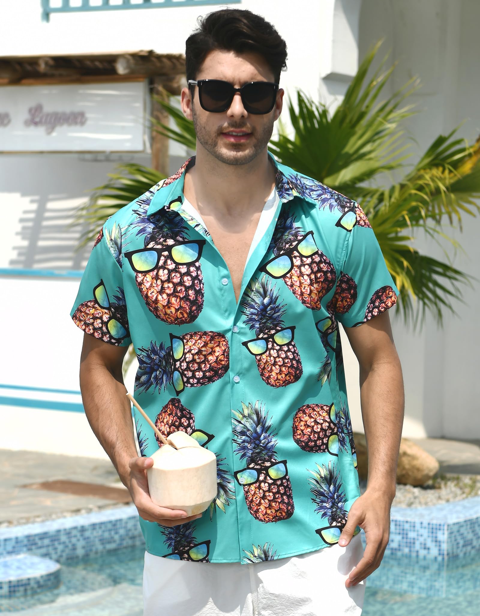 RAISEVERN Hawaiian Shirt for Men Pineapple Casual Button Down Short Sleeve Tropical Summer Party Holiday Beach Shirts