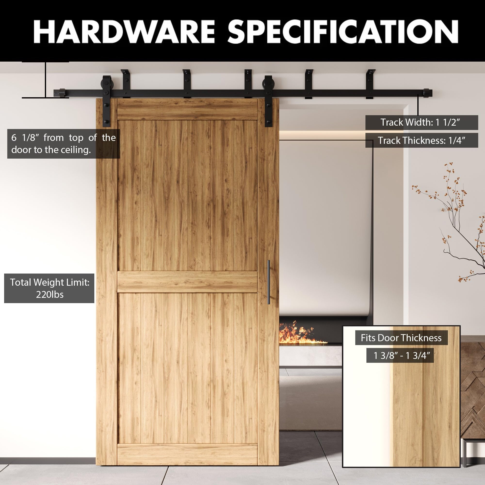 Homacer Black Rustic Ceiling Mount Non-Bypass Sliding Barn Door Hardware Kit, for One/Single Door, 7.5ft Long Flat Track, Interior Use Only (Doors are not Included)