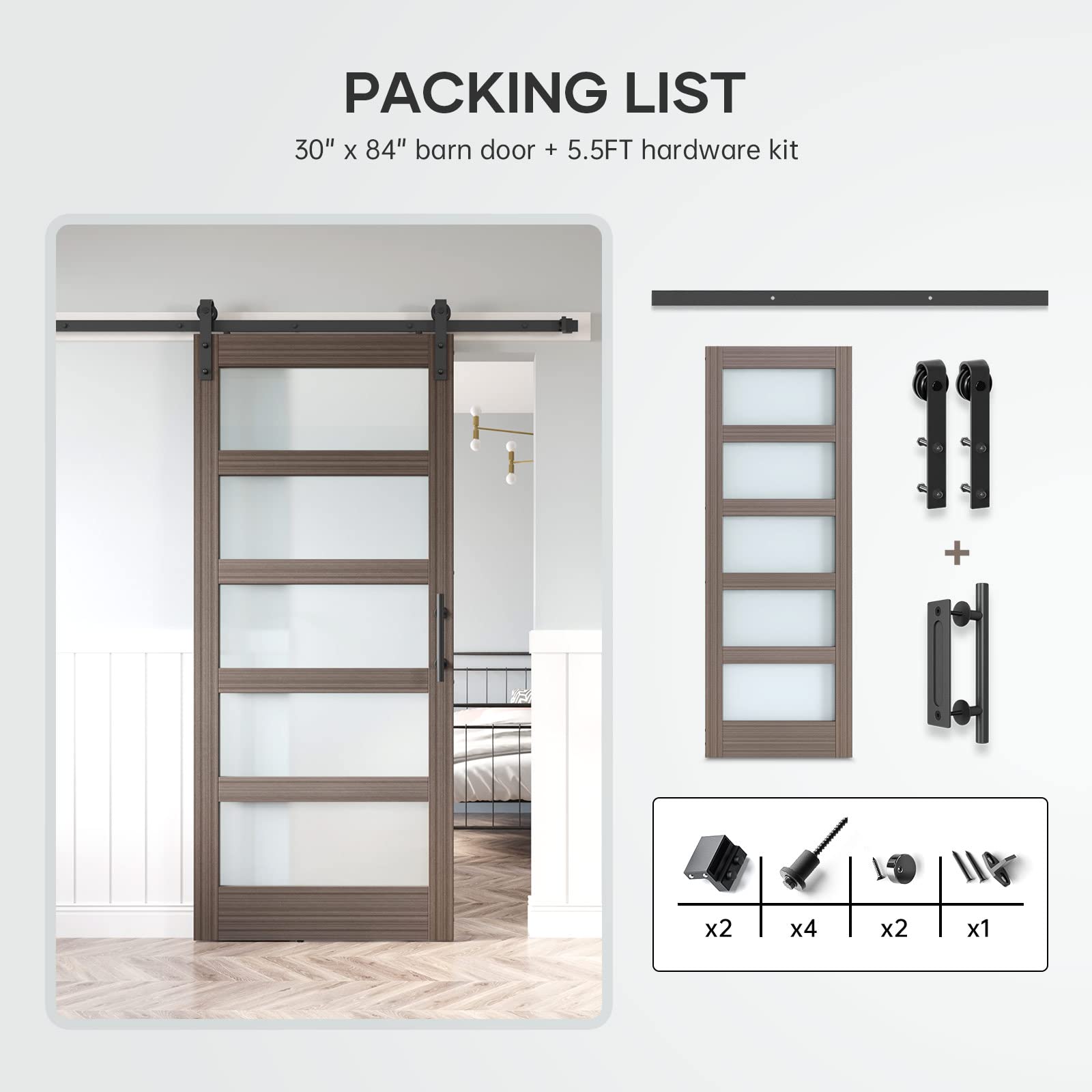 ROYMELO 30x84 Inch Glass Sliding Barn Door Slab and 5.5ft Hardware Kit Included, 5 Frosted Glass, LVL Wood Panel Covered with Elephant Gray Water-Proof Scratch-Proof PVC Surface, Simple DIY Assembly