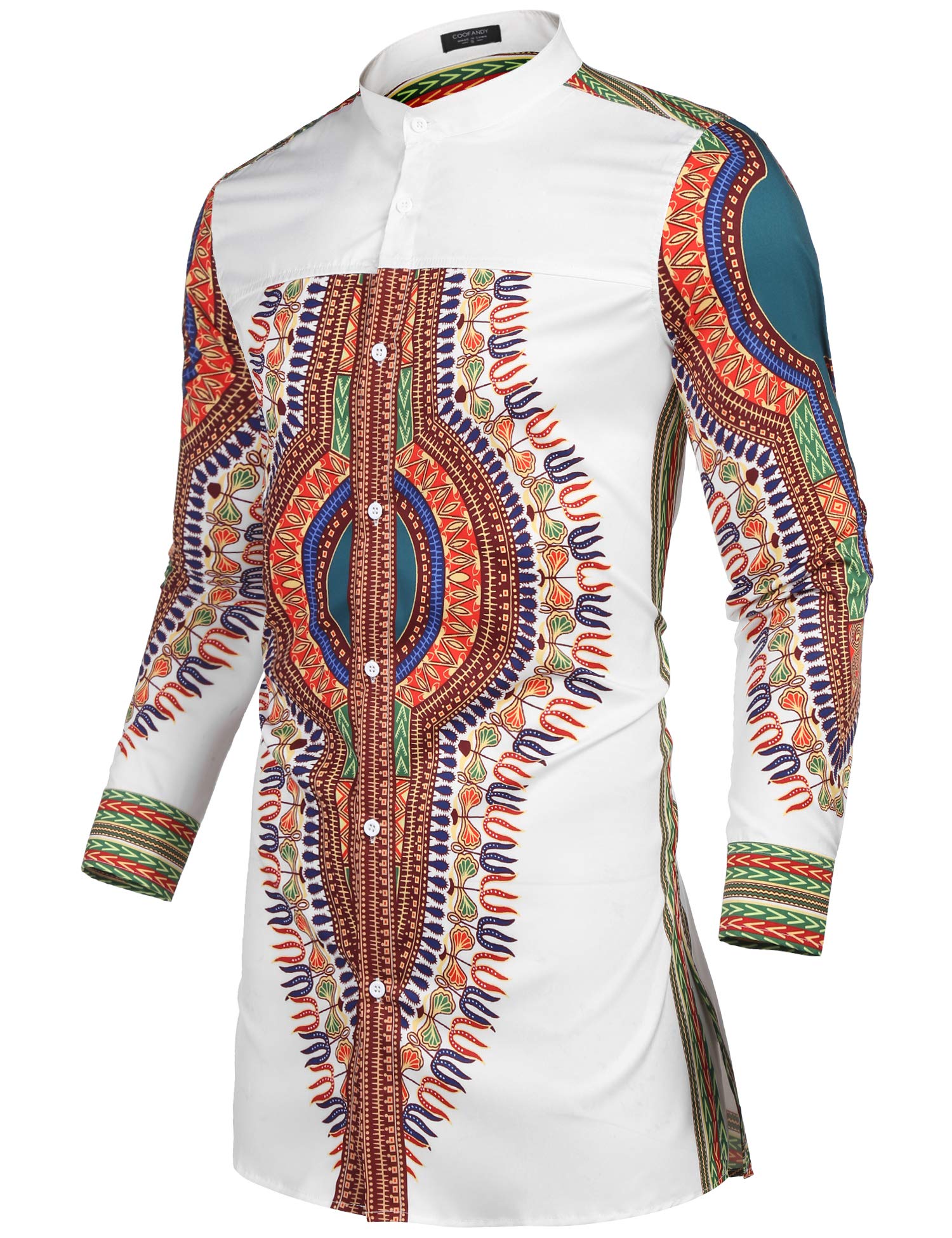 COOFANDY Men's African Dashiki Print Shirt Long Sleeve Button Down Shirt Bright Color Tribal Top Shirt White