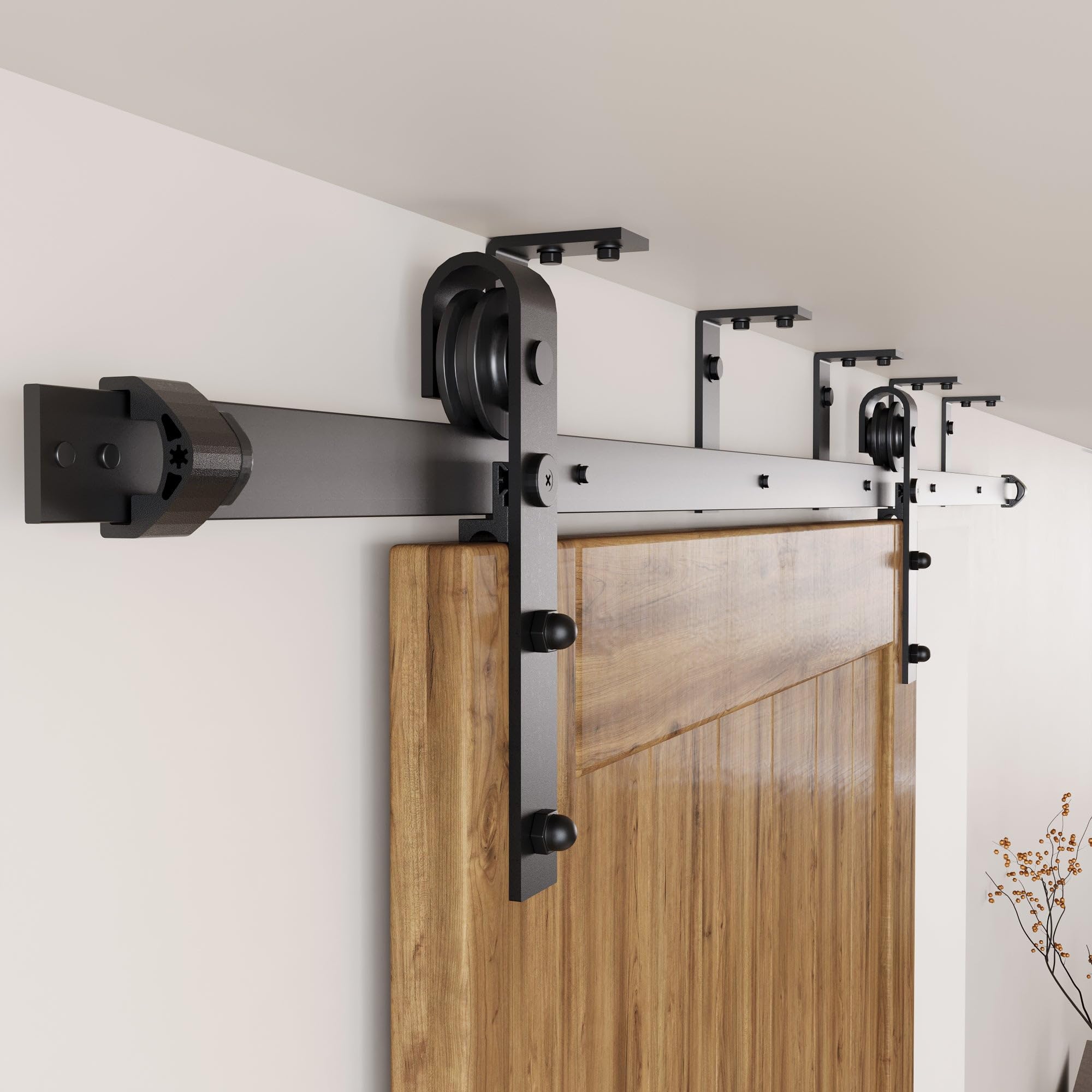 Homacer Black Rustic Ceiling Mount Non-Bypass Sliding Barn Door Hardware Kit, for One/Single Door, 7.5ft Long Flat Track, Interior Use Only (Doors are not Included)
