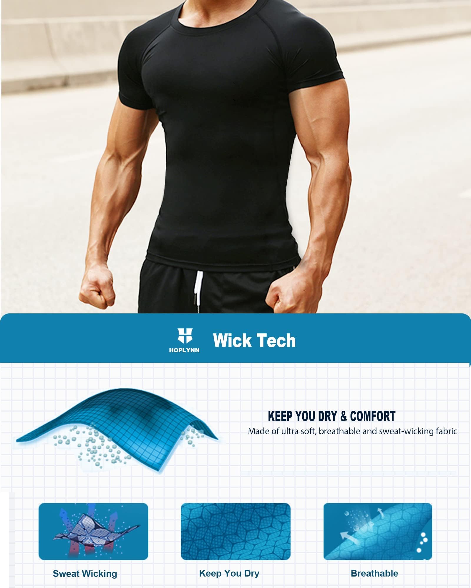 HOPLYNN 5 Pack Workout Compression Shirts Men Long/Short Sleeve Rash Guard Athletic Undershirt Gear T Shirt for Sports 2 Black 2 White 1 Blue S
