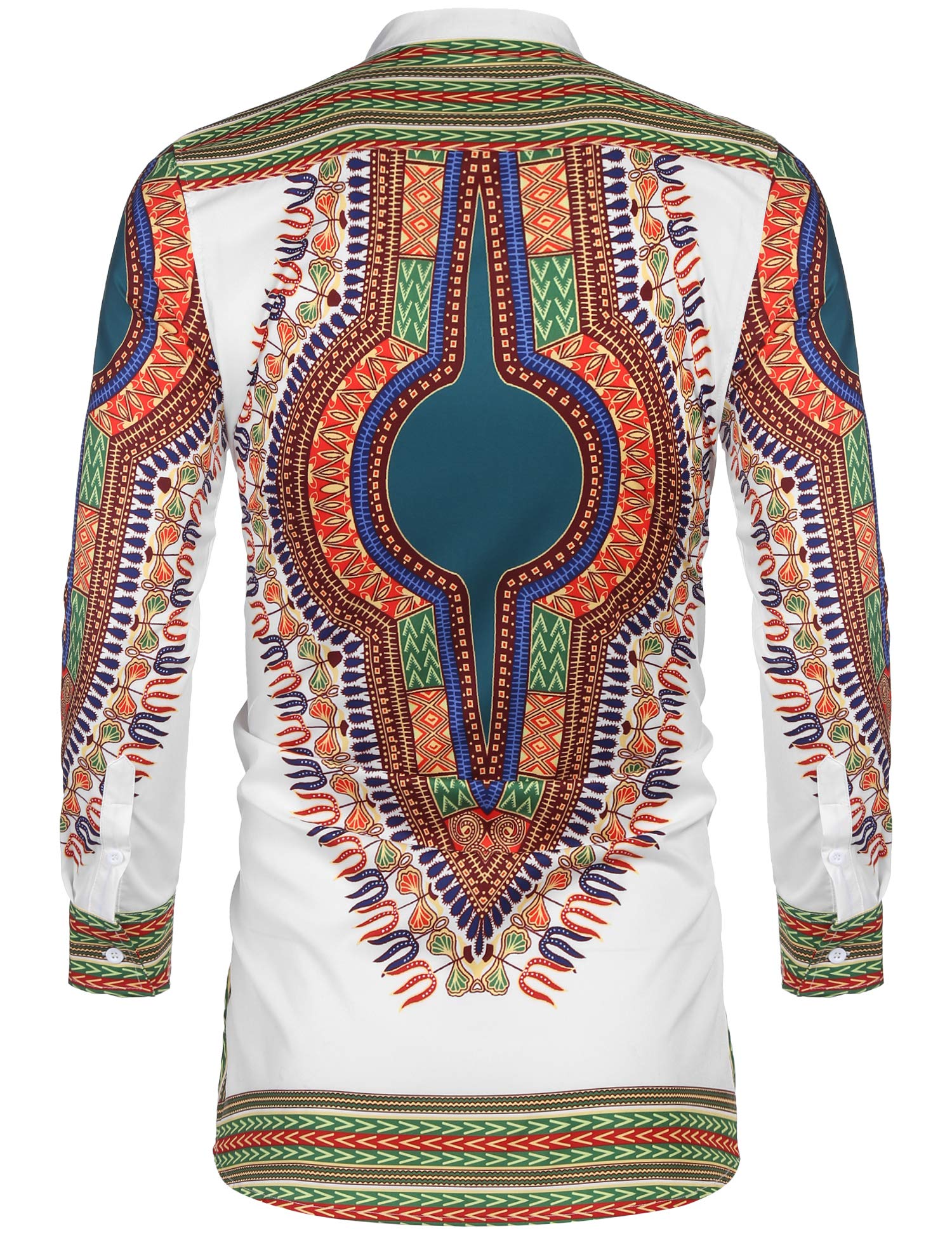 COOFANDY Men's African Dashiki Print Shirt Long Sleeve Button Down Shirt Bright Color Tribal Top Shirt White
