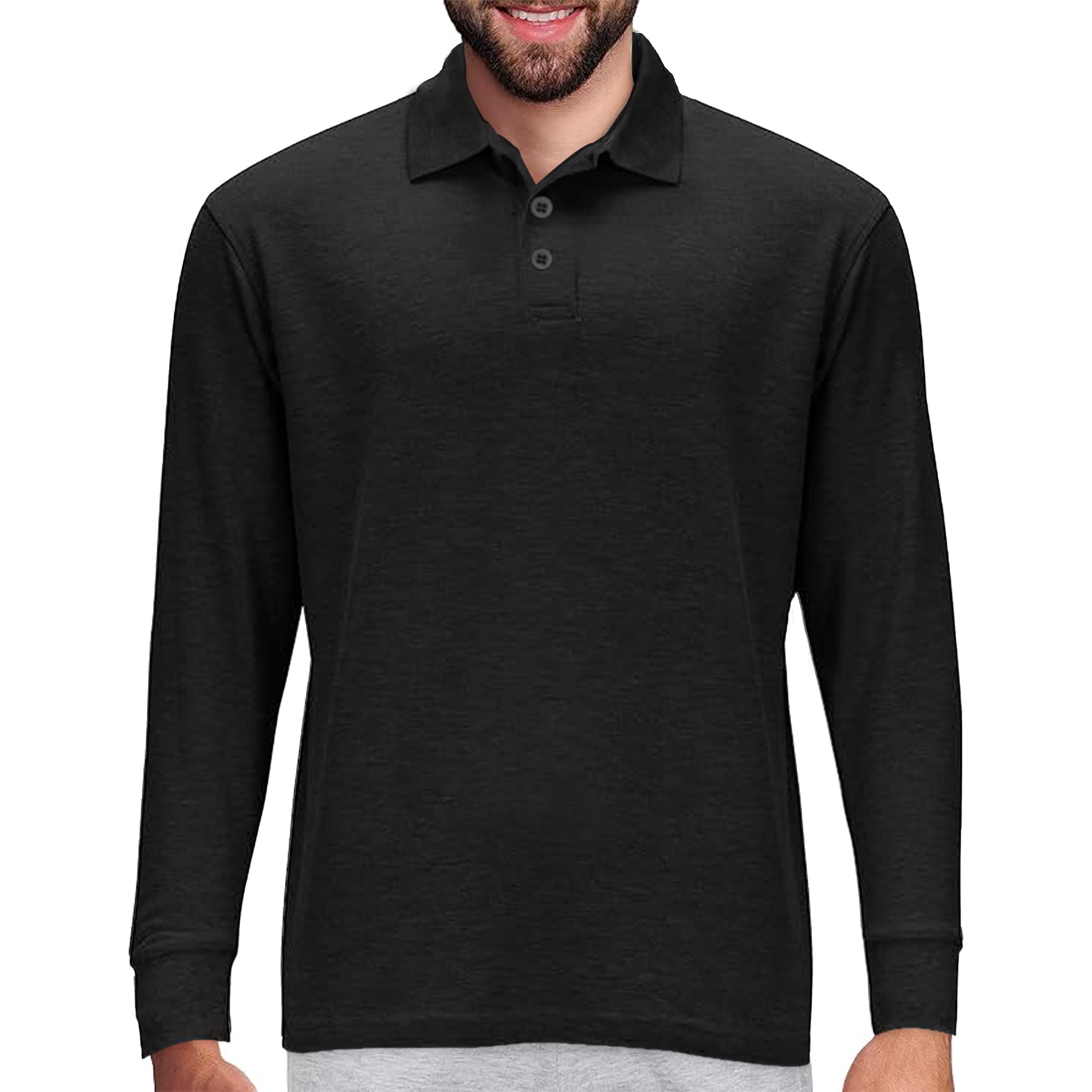 Premium Wear Long Sleeve Polo Shirt for Men, Cotton-Blend Fabric Golf Shirt with Collar, 3-Button Placket, Stain Guard, Elastic Cuffs, Side Split Hem, Casual Tennis Shirt Work & Play, Black XL