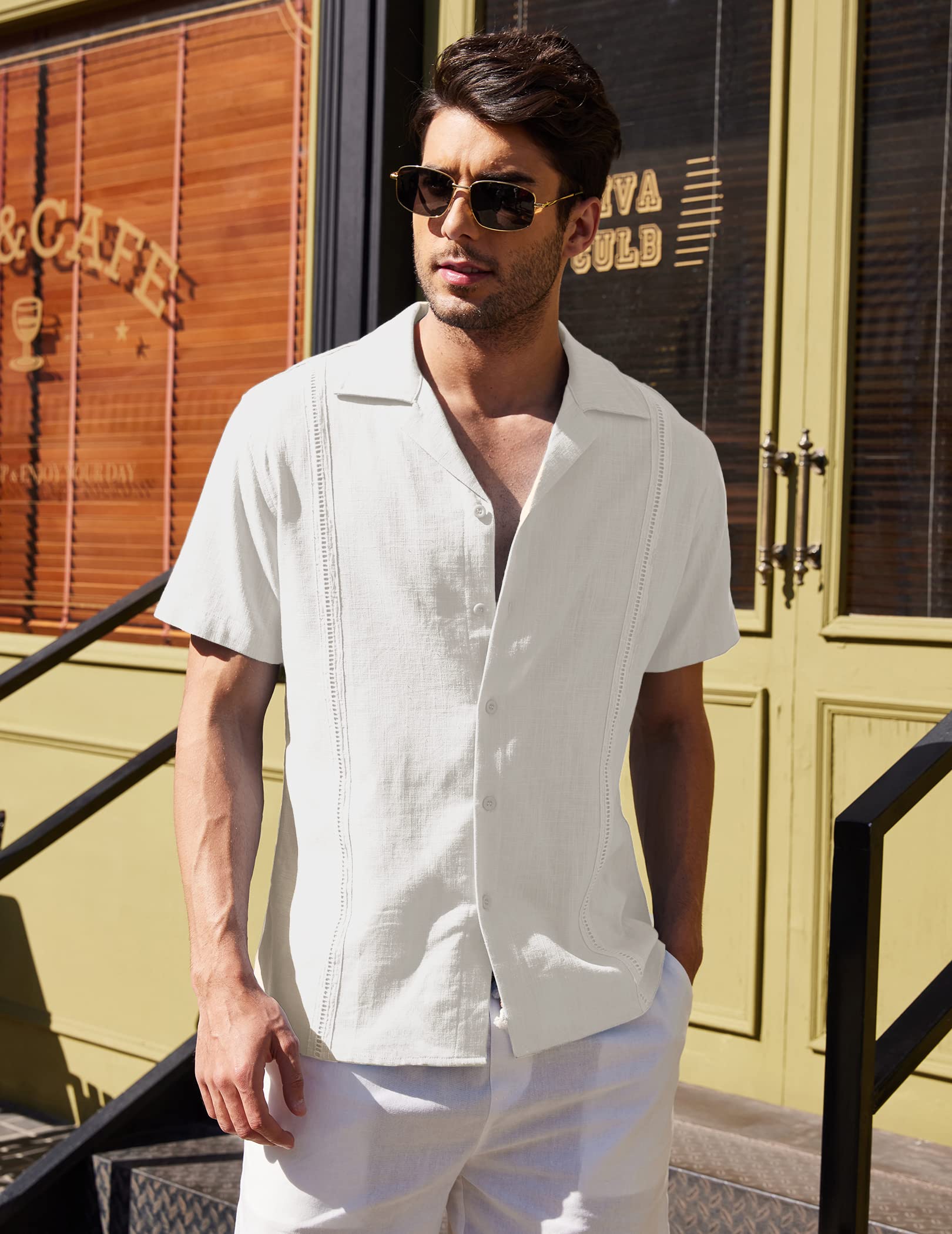 COOFANDY Mens Casual Button Down Shirts Short Sleeve Cuban Guayabera Shirt Summer Beach Top A - White
