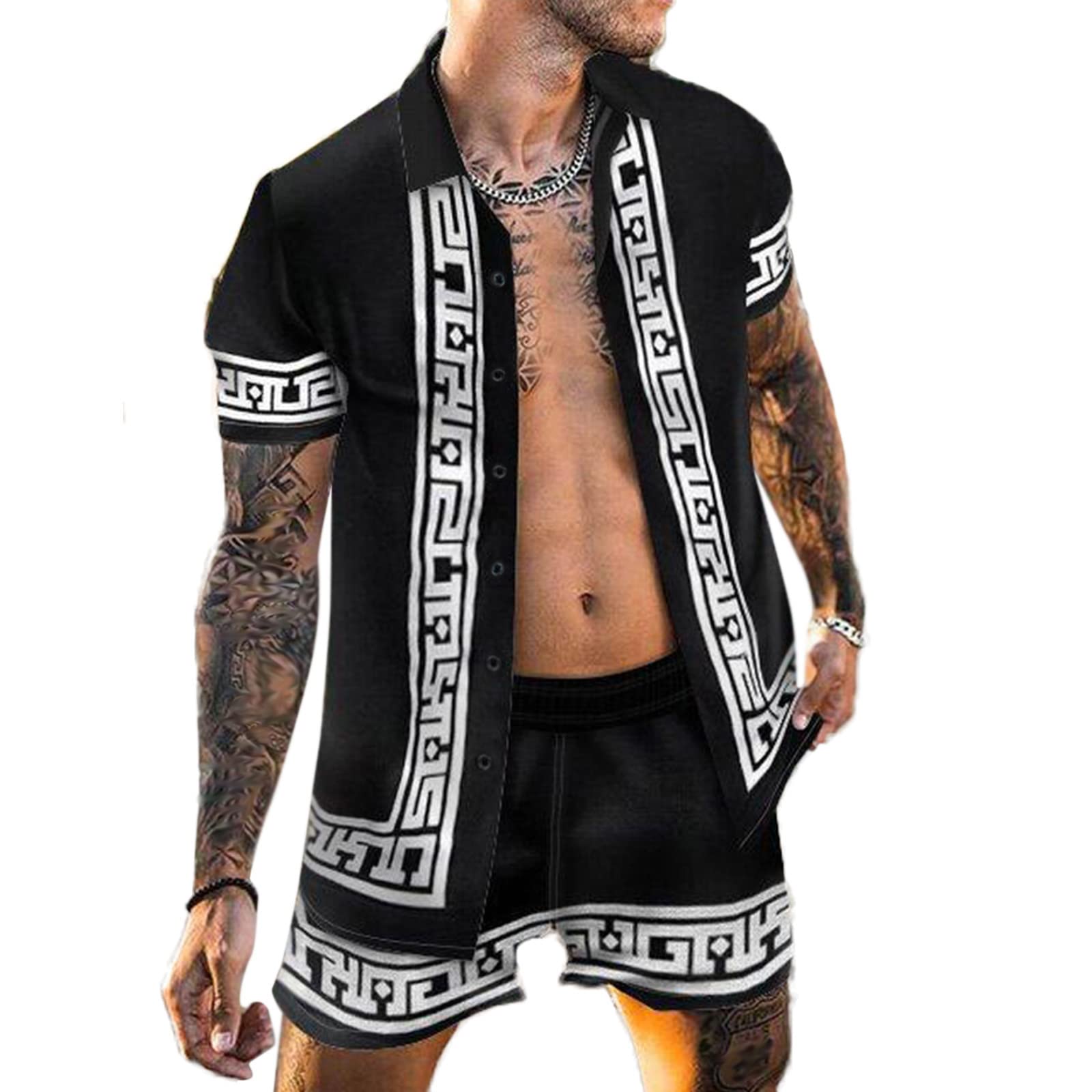 Nuofengkudu Men's Hawaiian Sets Short Sleeve Luxury Print Casual Button Down Dress Shirt Top and Shorts Black L