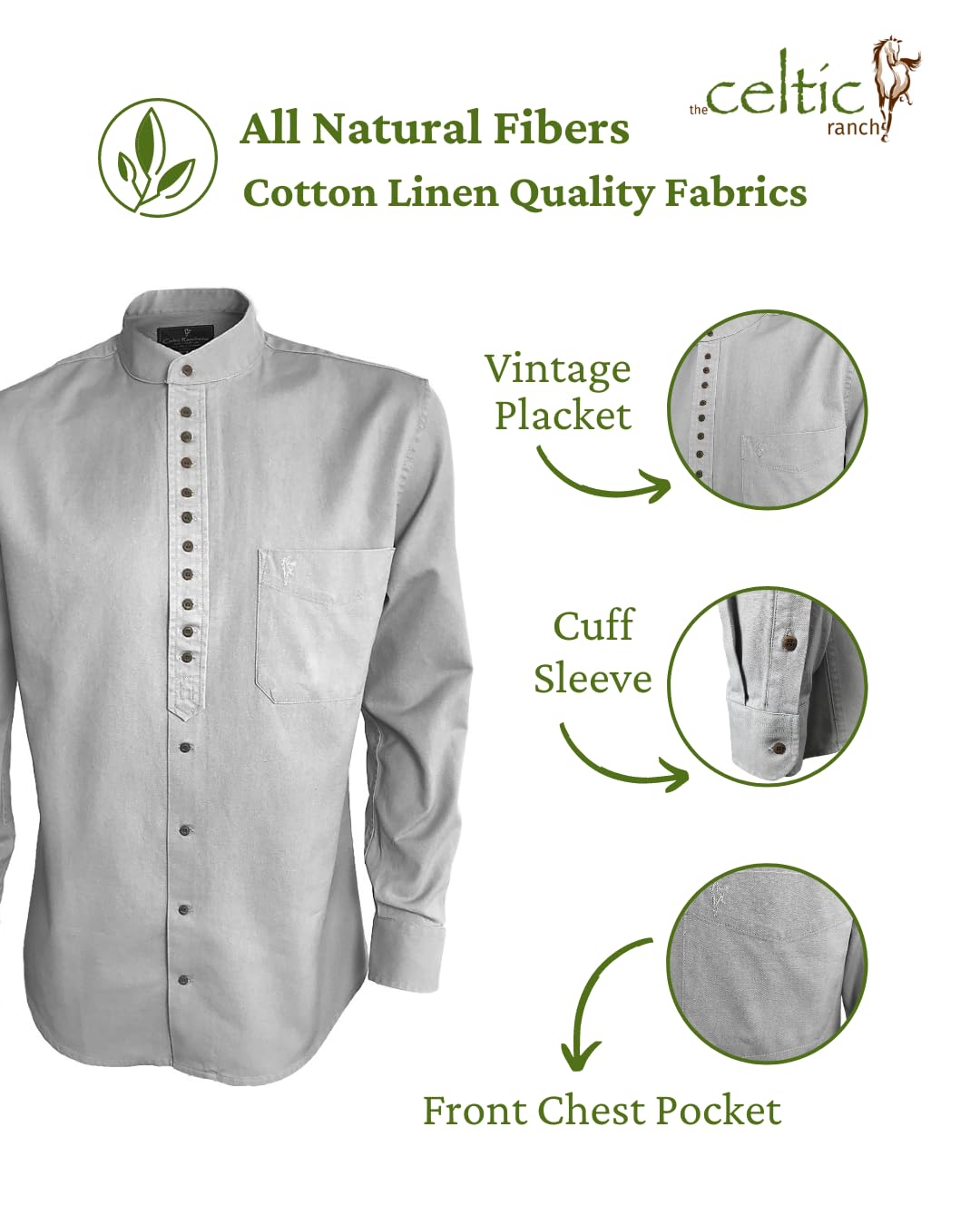 The Celtic Ranch Collarless Shirt for Men, Irish Grandfather Cotton Linen Long Sleeve Button Down Banded Collar Dress Shirt with Pocket (Grey Ash, XL)