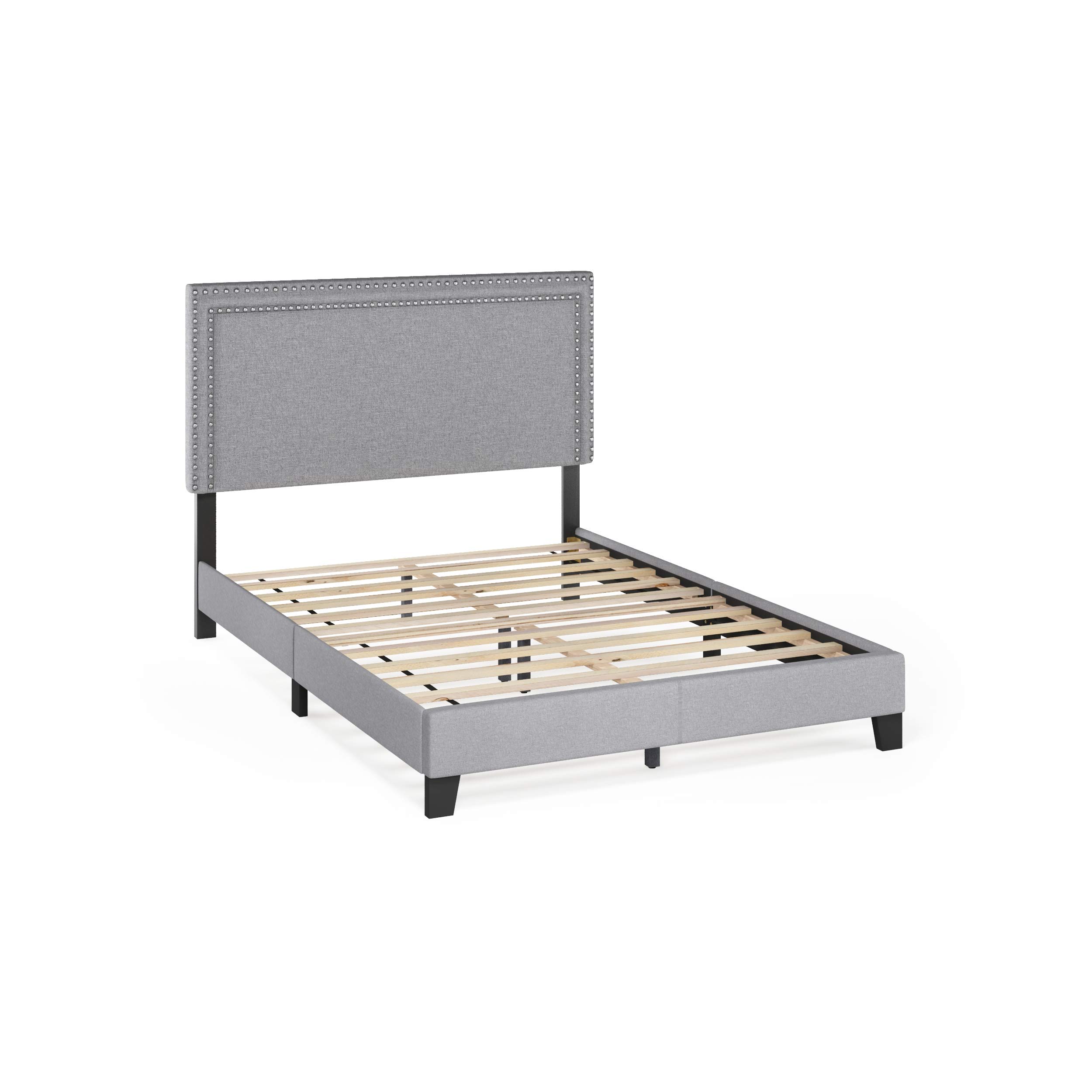 Furinno Laval Double Row Nail Head Upholstered Platform Bed Frame, Full, Glacier