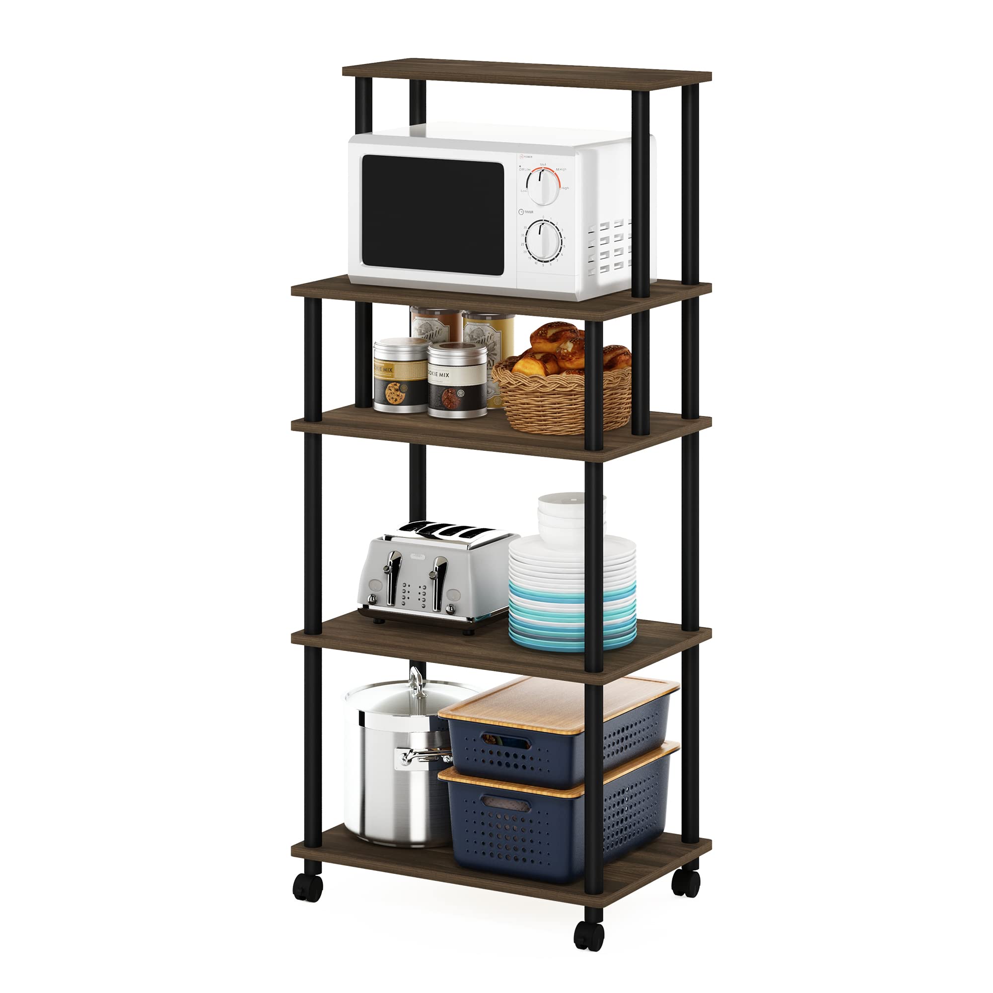 Furinno Turn-N-Tube 5-Tier Toolless Kitchen Storage Cart with Lockable Wheels, Columbia Walnut/Black