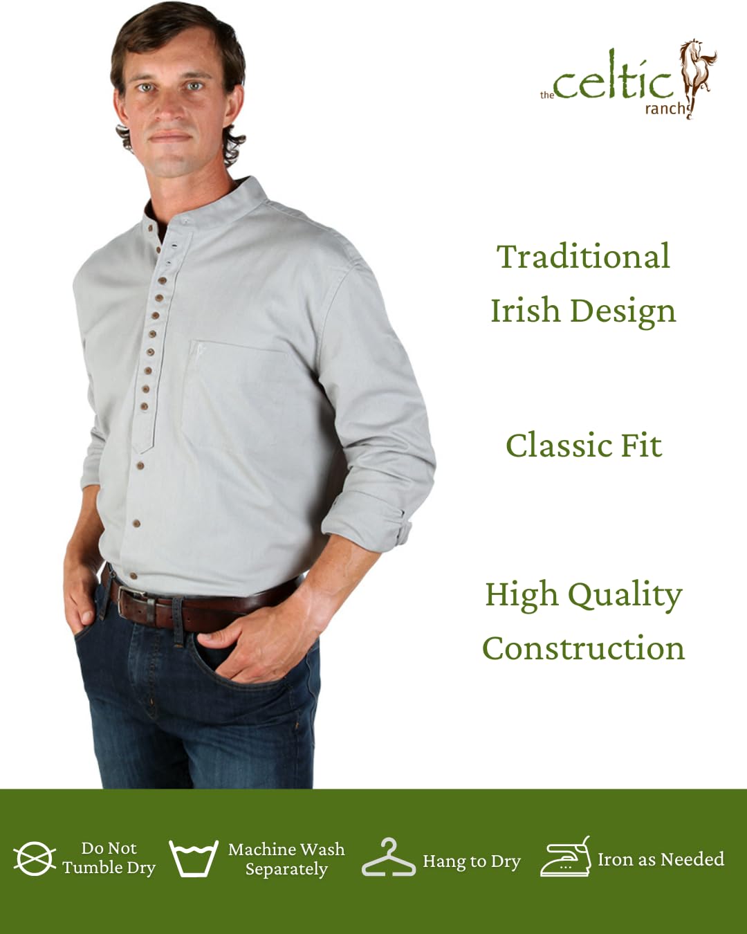 The Celtic Ranch Collarless Shirt for Men, Irish Grandfather Cotton Linen Long Sleeve Button Down Banded Collar Dress Shirt with Pocket (Grey Ash, XL)