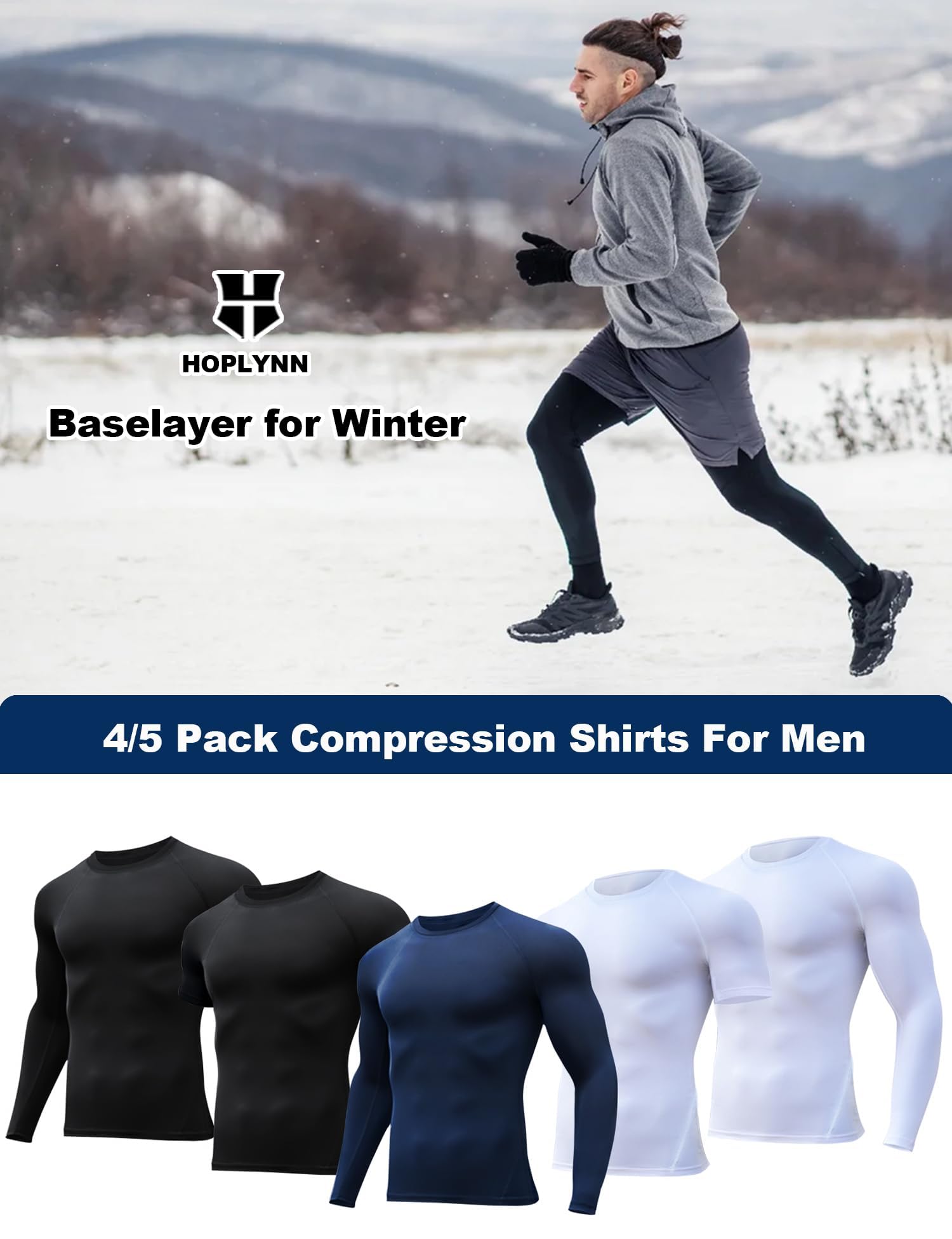 HOPLYNN 5 Pack Workout Compression Shirts Men Long/Short Sleeve Rash Guard Athletic Undershirt Gear T Shirt for Sports 2 Black 2 White 1 Blue S