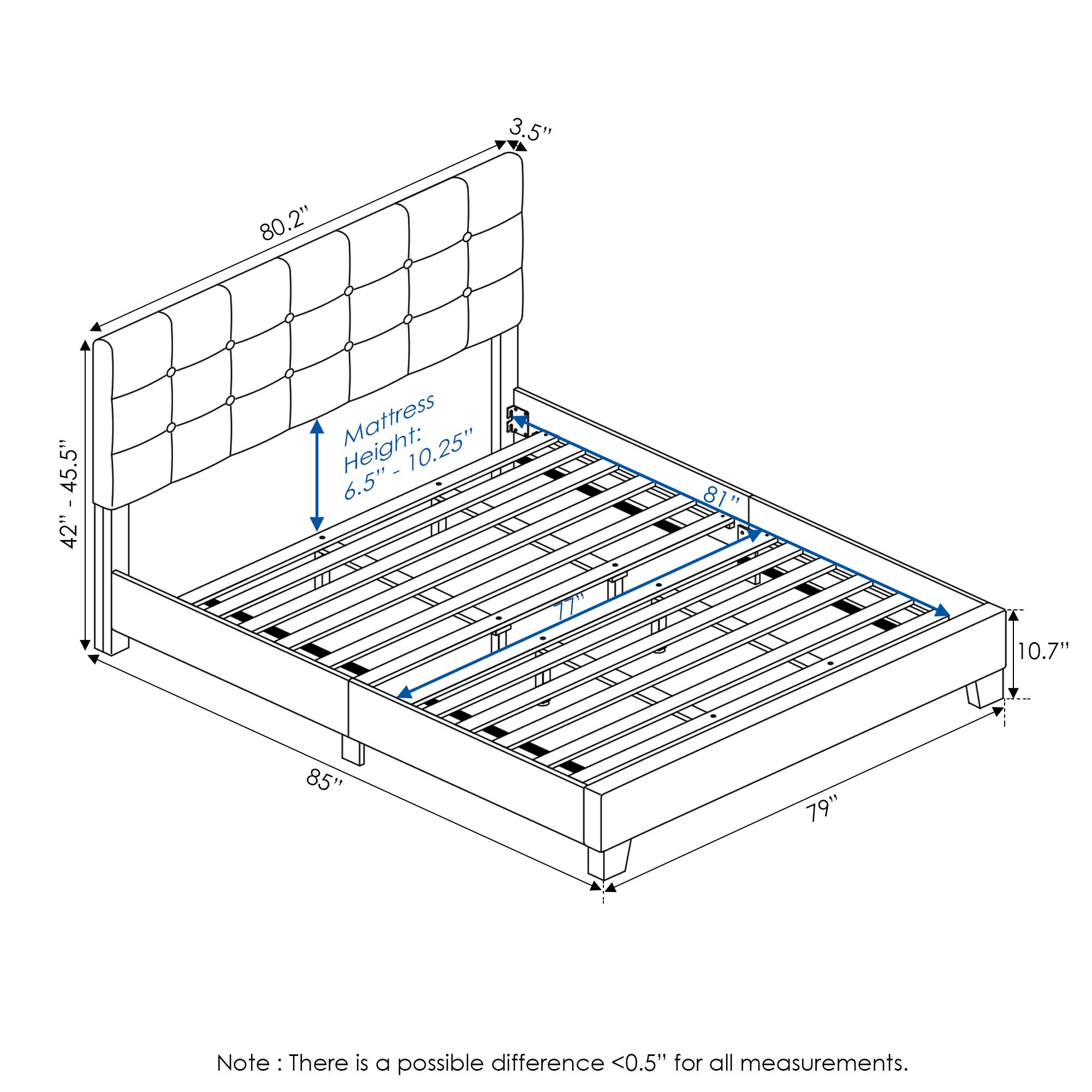 Furinno Laval Button Tufted Upholstered Platform Bed Frame, King, Stone