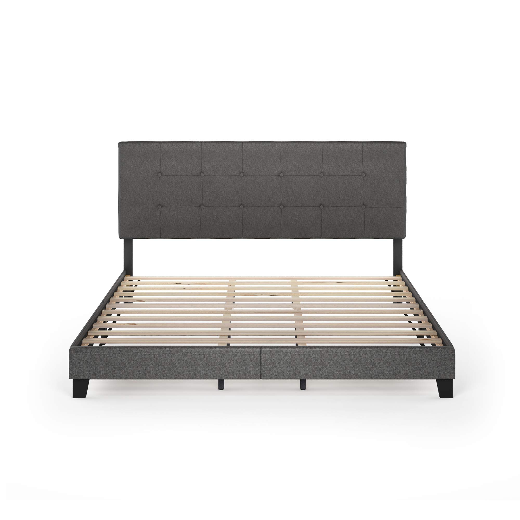 Furinno Laval Button Tufted Upholstered Platform Bed Frame, King, Stone