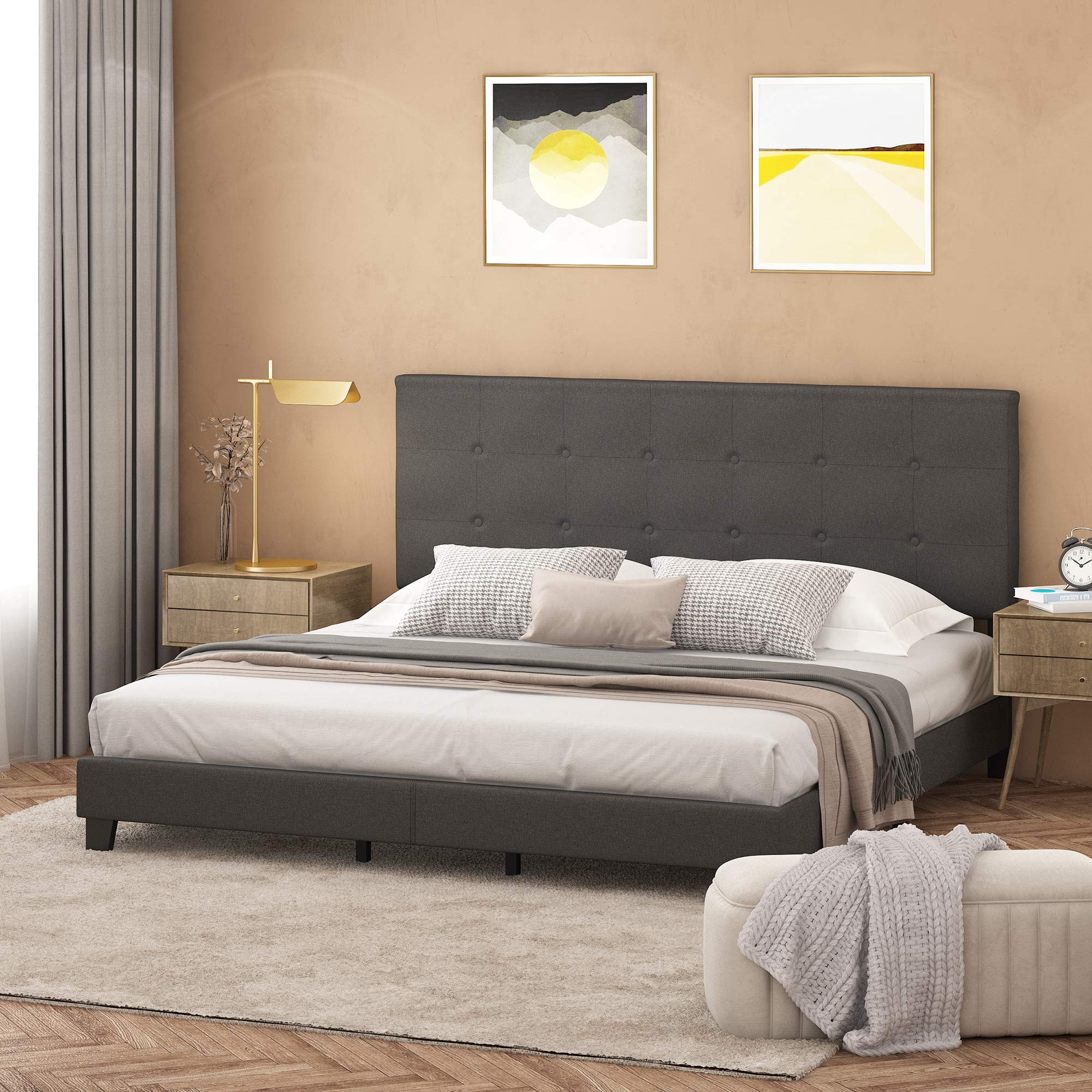 Furinno Laval Button Tufted Upholstered Platform Bed Frame, King, Stone