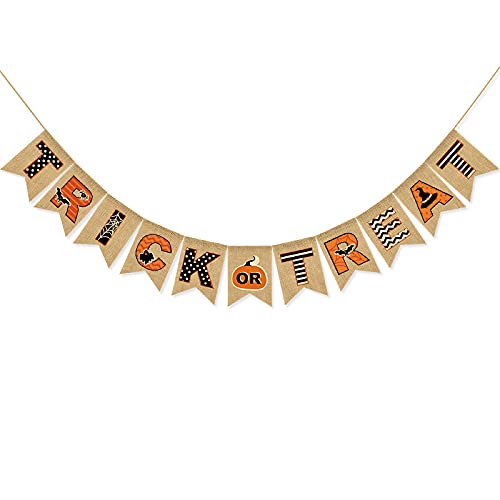 Vedran Trick or Treat Burlap Banner, Multicolor Halloween Burlap Banner Decorations with Pumpkin Bat Spider Web Elements Black Orange, Indoor and Outdoor Decoration Supplies
