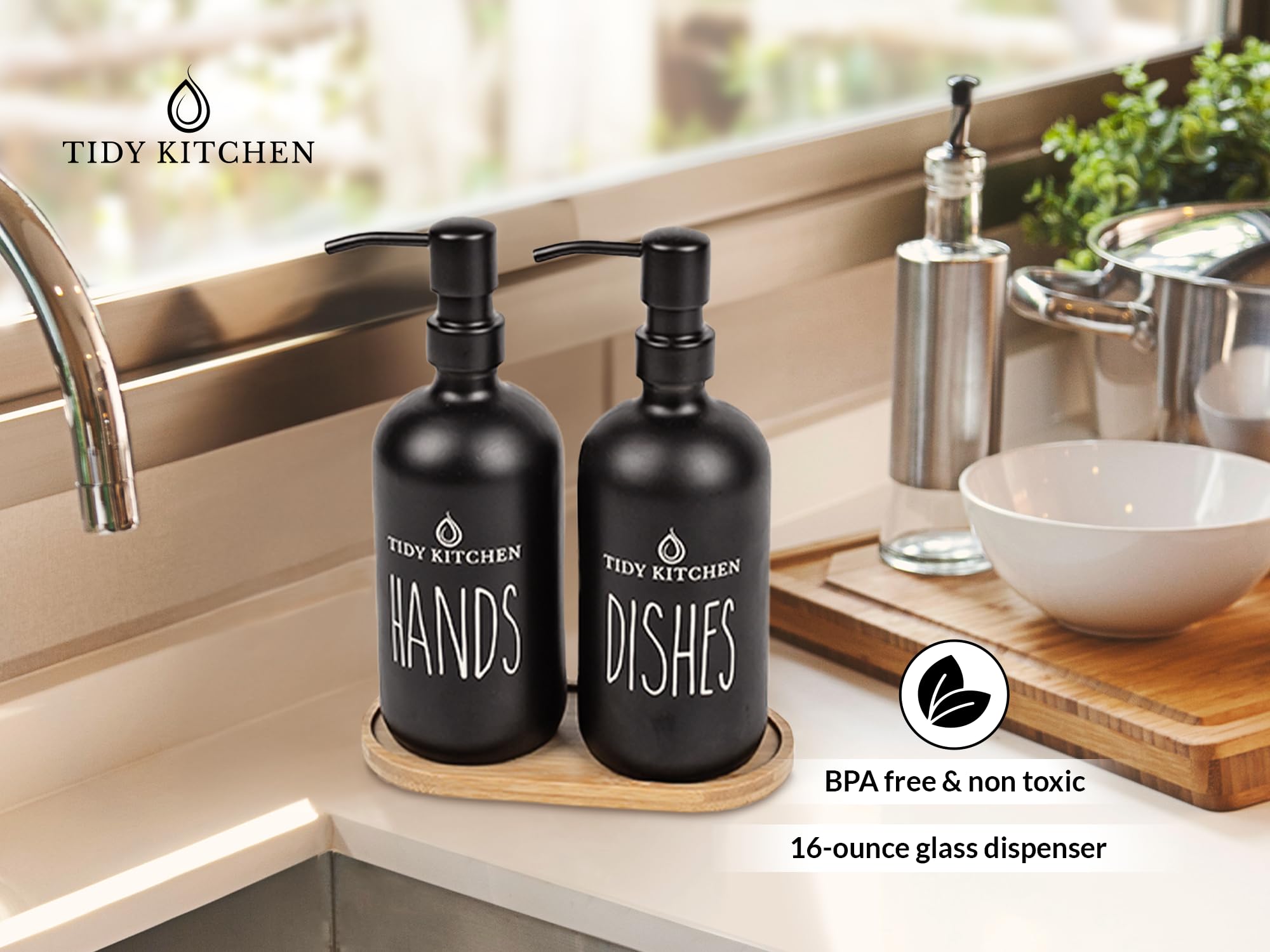 TIDY KITCHEN Premium Glass Soap Dispenser with Stainless Steel Pump, Sleek Design, Durable for Liquid Dish and Handwashing