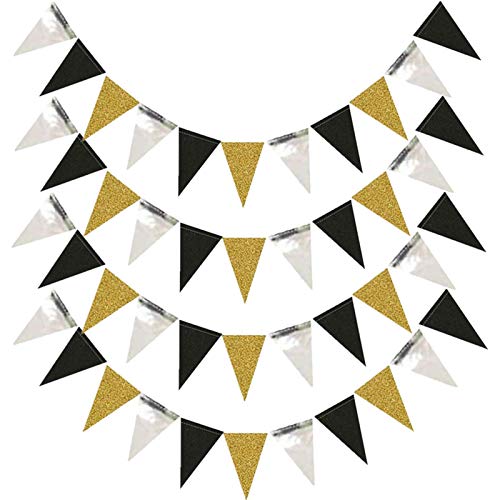 40 Feet Paper Triangle Pennant,Glitter Pennant Banner Bunting for Wedding,Baby Shower,Birthday Party Decorations Supplies(4PCS) (black/gold/silver)