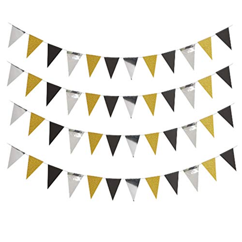 40 Feet Paper Triangle Pennant,Glitter Pennant Banner Bunting for Wedding,Baby Shower,Birthday Party Decorations Supplies(4PCS) (black/gold/silver)