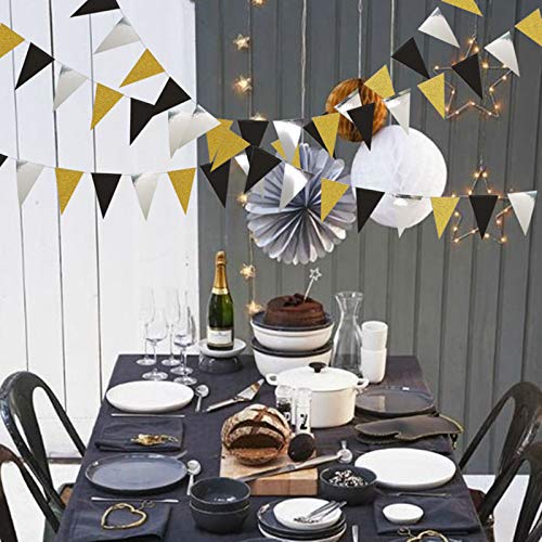 40 Feet Paper Triangle Pennant,Glitter Pennant Banner Bunting for Wedding,Baby Shower,Birthday Party Decorations Supplies(4PCS) (black/gold/silver)