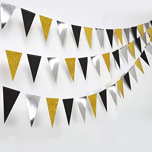 40 Feet Paper Triangle Pennant,Glitter Pennant Banner Bunting for Wedding,Baby Shower,Birthday Party Decorations Supplies(4PCS) (black/gold/silver)