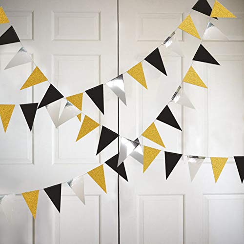40 Feet Paper Triangle Pennant,Glitter Pennant Banner Bunting for Wedding,Baby Shower,Birthday Party Decorations Supplies(4PCS) (black/gold/silver)