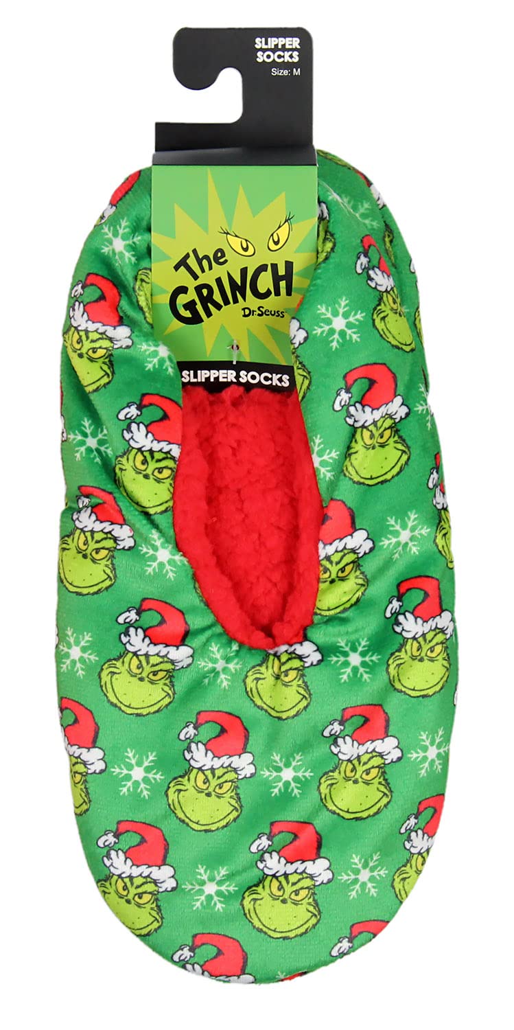 Dr. Seuss GRINCH That Stole Christmas Slippers Santa Grinch Slipper Socks with No-Slip Sole For Women Men (Small)