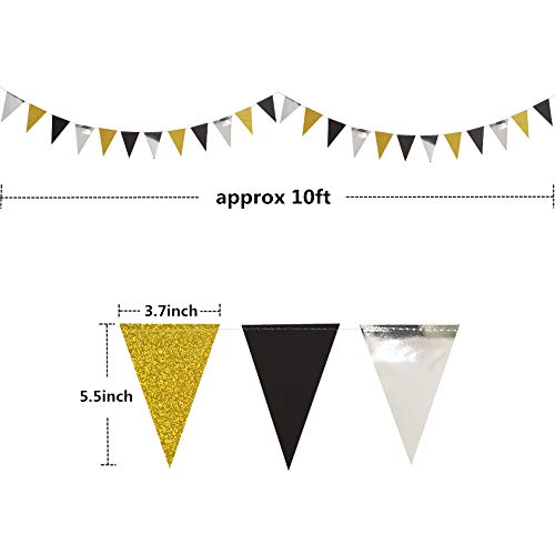 40 Feet Paper Triangle Pennant,Glitter Pennant Banner Bunting for Wedding,Baby Shower,Birthday Party Decorations Supplies(4PCS) (black/gold/silver)