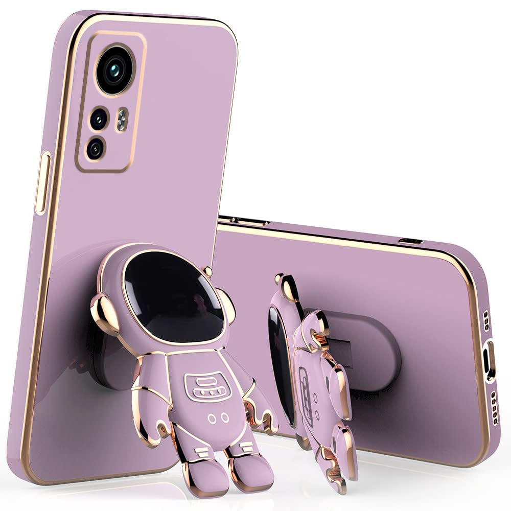 Compatible with Redmi Note 12s Case with Plating Creative Astronaut Cartoon Holder Pink, Xiaomi Redmi Note 12s Phone Case Silicone Shockproof Stand Soft TPU Protective Slim Cover (Purple)