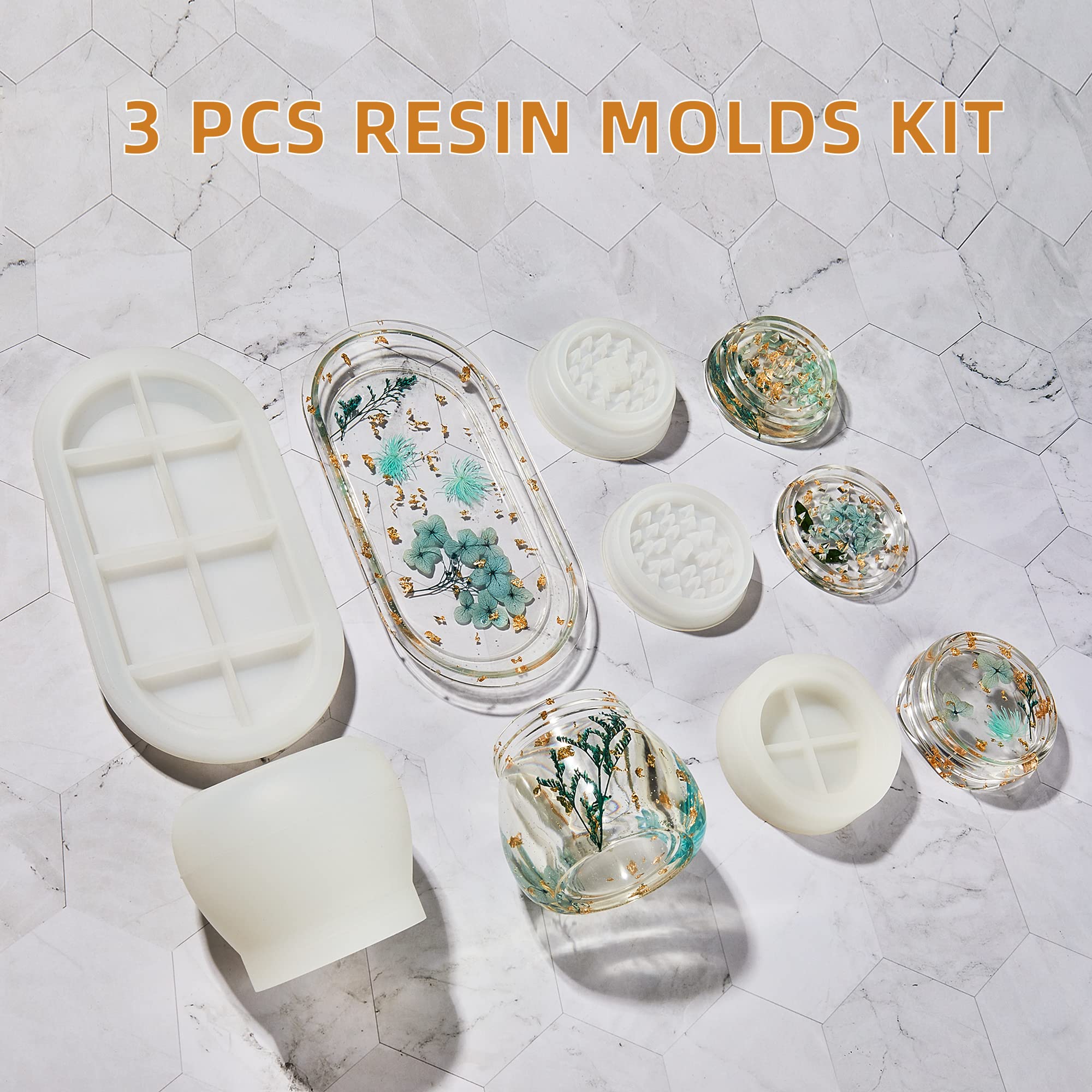 3-Piece Silicone Molds for Epoxy Resin - Rolling Tray Mold for Resin, Resin Pudding Jar Mold with Lid, Grinder Molds for Resin Casting, DIY Epoxy Resin Molds Kit for Storage and Decoration