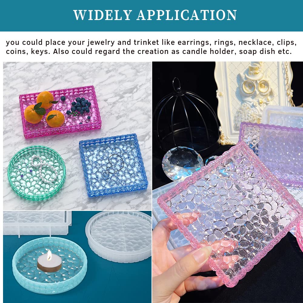 3PCS Diamond Resin Tray Mold with Edges, Silicone Tray Mold for Resin Casting, Square Rectangle Round Epoxy Mold DIY Jewelry Plate Box Candle Holder Container Resin Art Craft Making Supplies