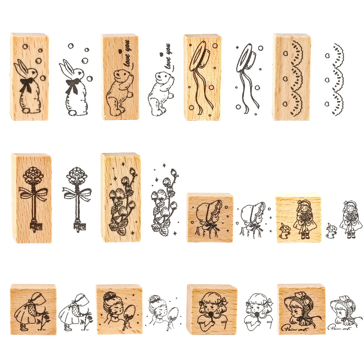 Wooden Plant Patterns Rubber Stamp - Plant and Flower Decorative Wooden Rubber Stamp Set for DIY Craft Card Scrapbooking Supplies Photo Album, Hand Book, Planner, Scrapbooking, 12Pcs (Young Girl)