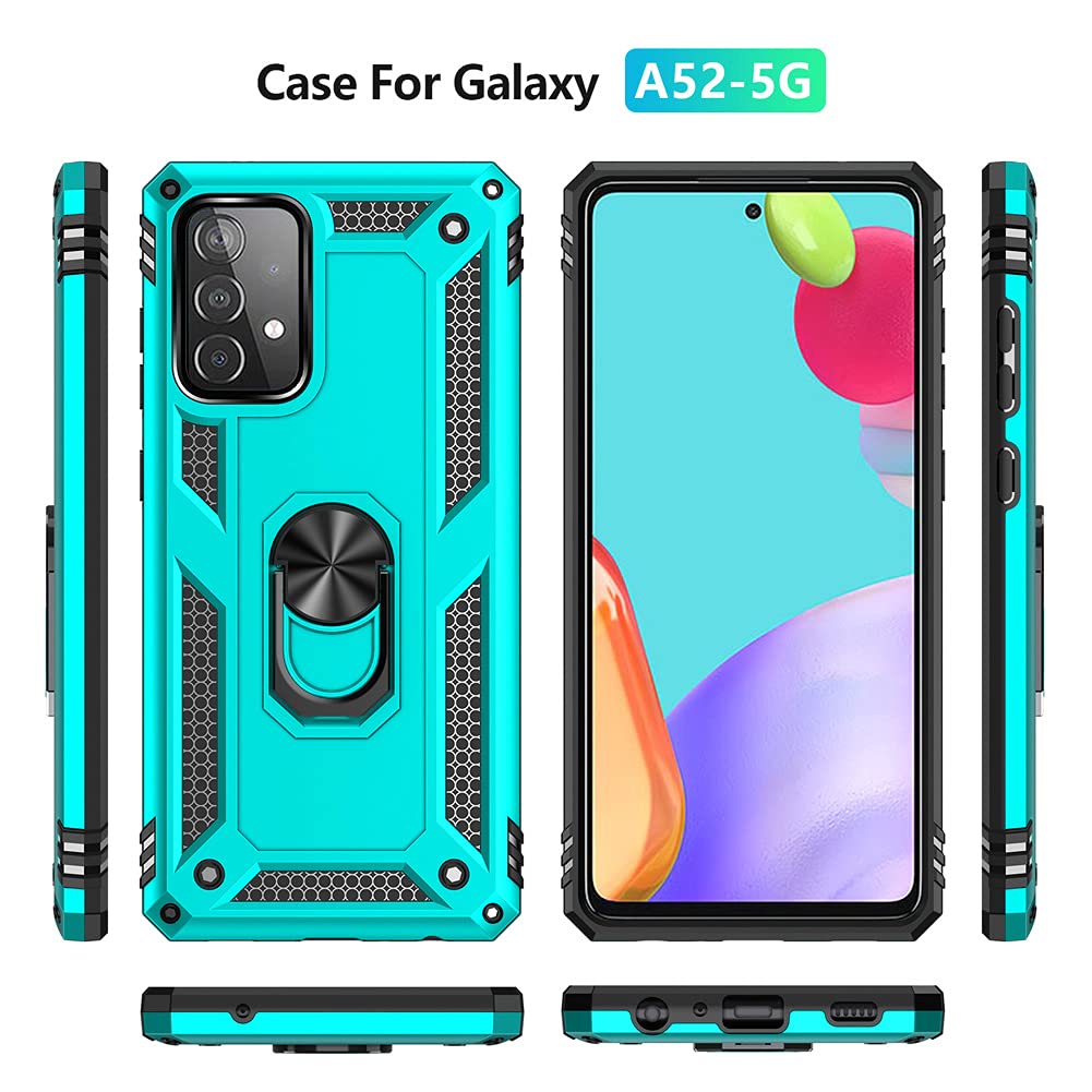 for Samsung A52 Case, Galaxy A52 Case with HD Screen Protector, Military-Grade Ring Holder Kickstand Car Mount 15ft Drop Tested Shockproof Cover Phone Case for Samsung Galaxy A52, Green