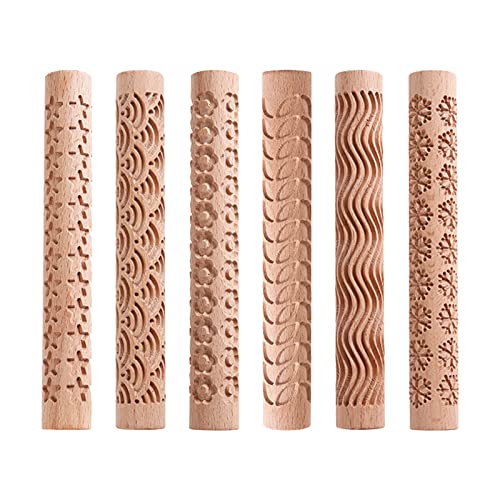 6Pcs Clay Modeling Pattern Rollers, Large Texture Rollers for Clay Wooden Handle Pottery Tools Snowflakes Stars Wood Wave Pattern Clay Rolling Pottery Ceramic Carved Tools for DIY Handcrafts (B)