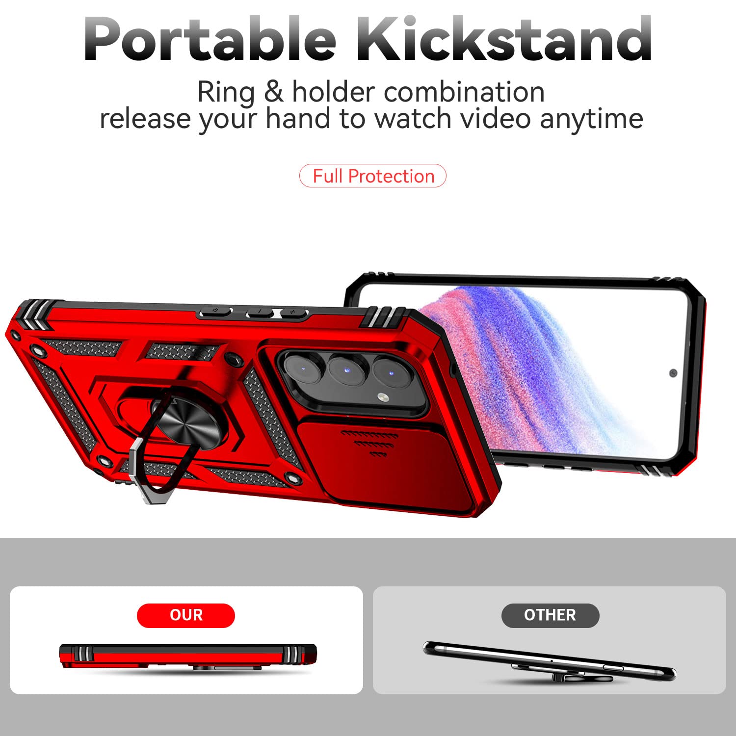 for Galaxy A54 5G Phone Case,with Screen Protectors and Camera Cover,[Military Grade] 16ft.Drop Tested Cover with Magnetic Kickstand Protective Case for Galaxy A54 5G, Red