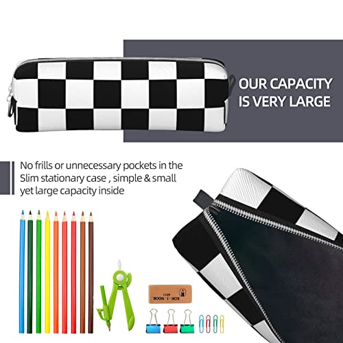 Ykklima Leather Pencil Case - Black White Race Checkered Flag Pattern, Stationery Bag Pen Organizer Makeup Cosmetic Holder Pouch for School Work Office College