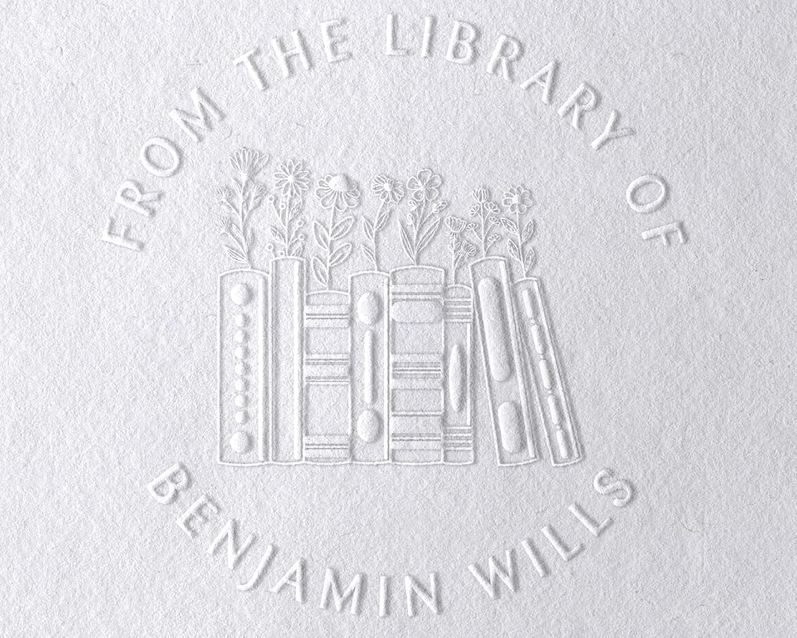 from The Library of | Ex Libris | Floral Book Stamp | Personalized Book Embosser | Custom Library Stamp | Monogram Self-Inking Wood Handle Stamper (Floral 3)