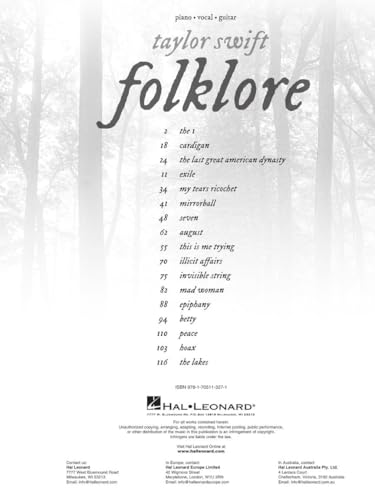 Taylor Swift - Folklore: Piano/Vocal/Guitar Songbook