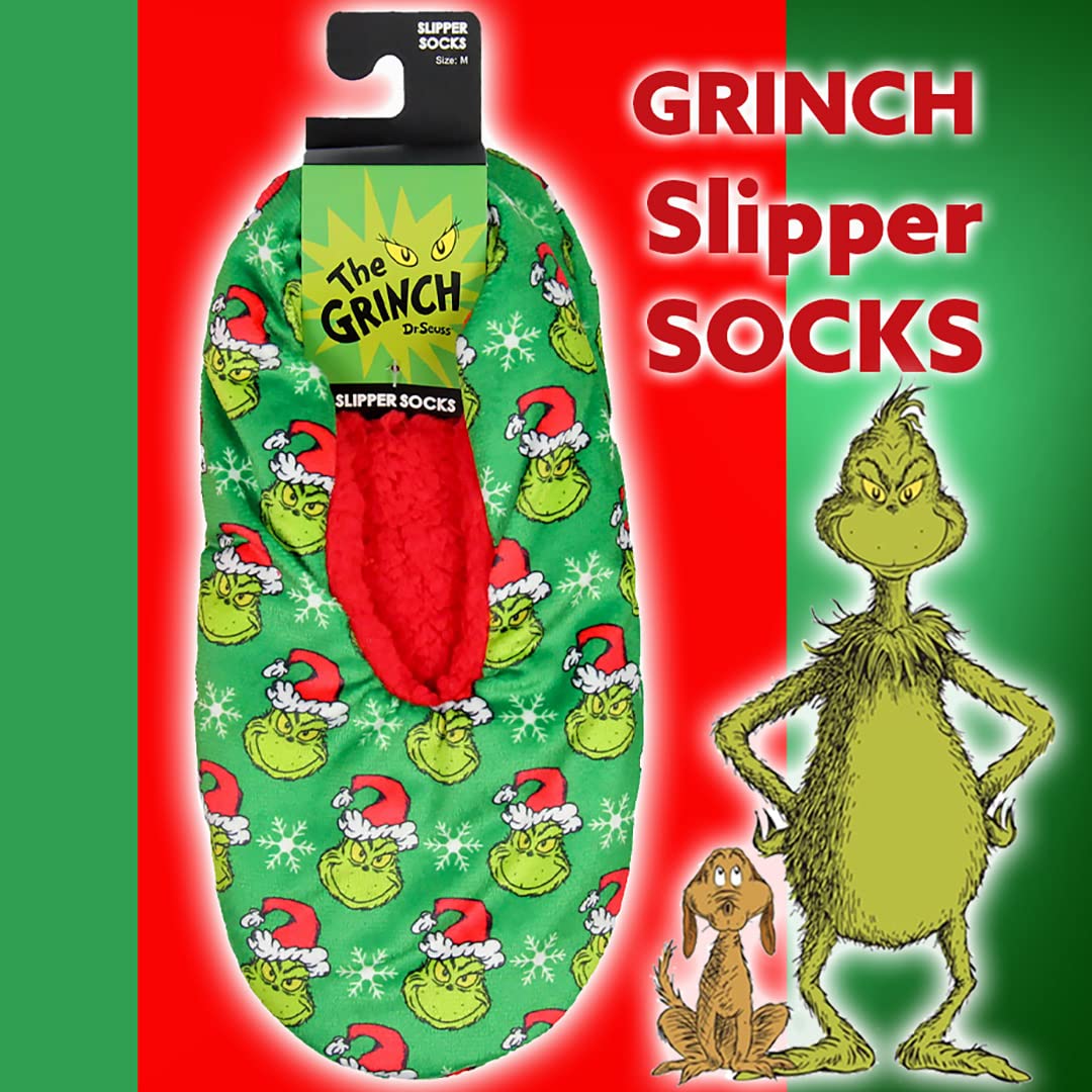 Dr. Seuss GRINCH That Stole Christmas Slippers Santa Grinch Slipper Socks with No-Slip Sole For Women Men (Small)