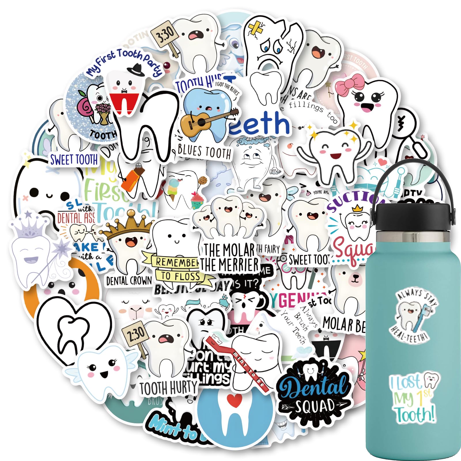 Tooth Stickers Decals[100Pack], Vinyl Dental Stickers Tooth Fairy Stickers Decals for Laptop Water Bottle Bumper Luggage Computer Skateboard Snowboard. Gift for Kids Girls Teens Adult