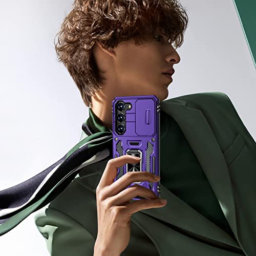 BaHaHoues for Samsung Galaxy S23 Case with Slide Camera Cover for Samsung S23 Case with 360° Rotatable Magnetic Kickstand Ring, Military Grade Shockproof Protective Case for Galaxy S23 5G (Purple)