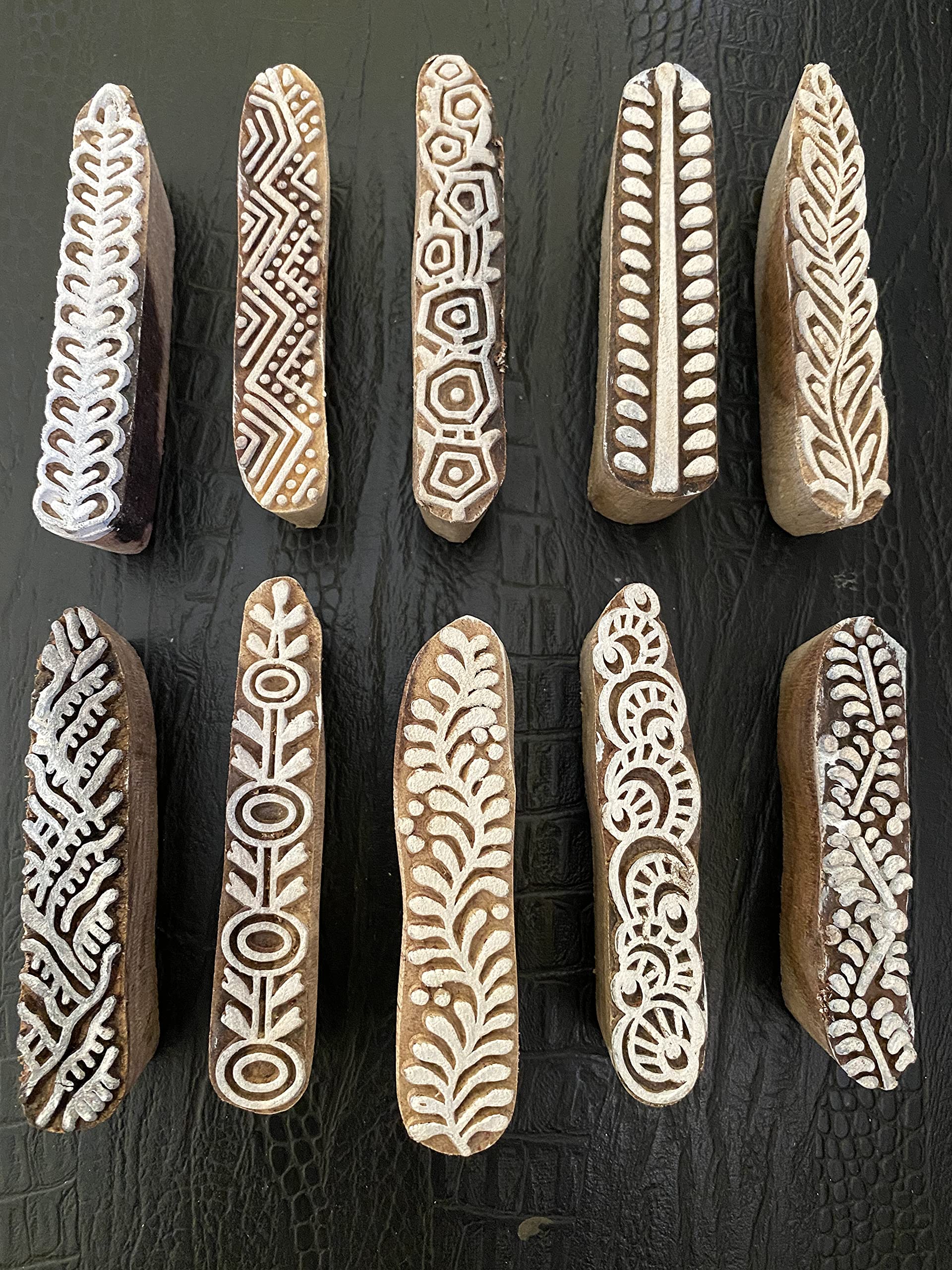 AnNafi® Mehendi Print Blocks| Border Pattern Wooden Stamps (Set of 10)| Fabric Wooden Stamps Border Pattern Printing Blocks| Designer Craft for Mehandi Textile Pottery Saree Border Canvas Painting |