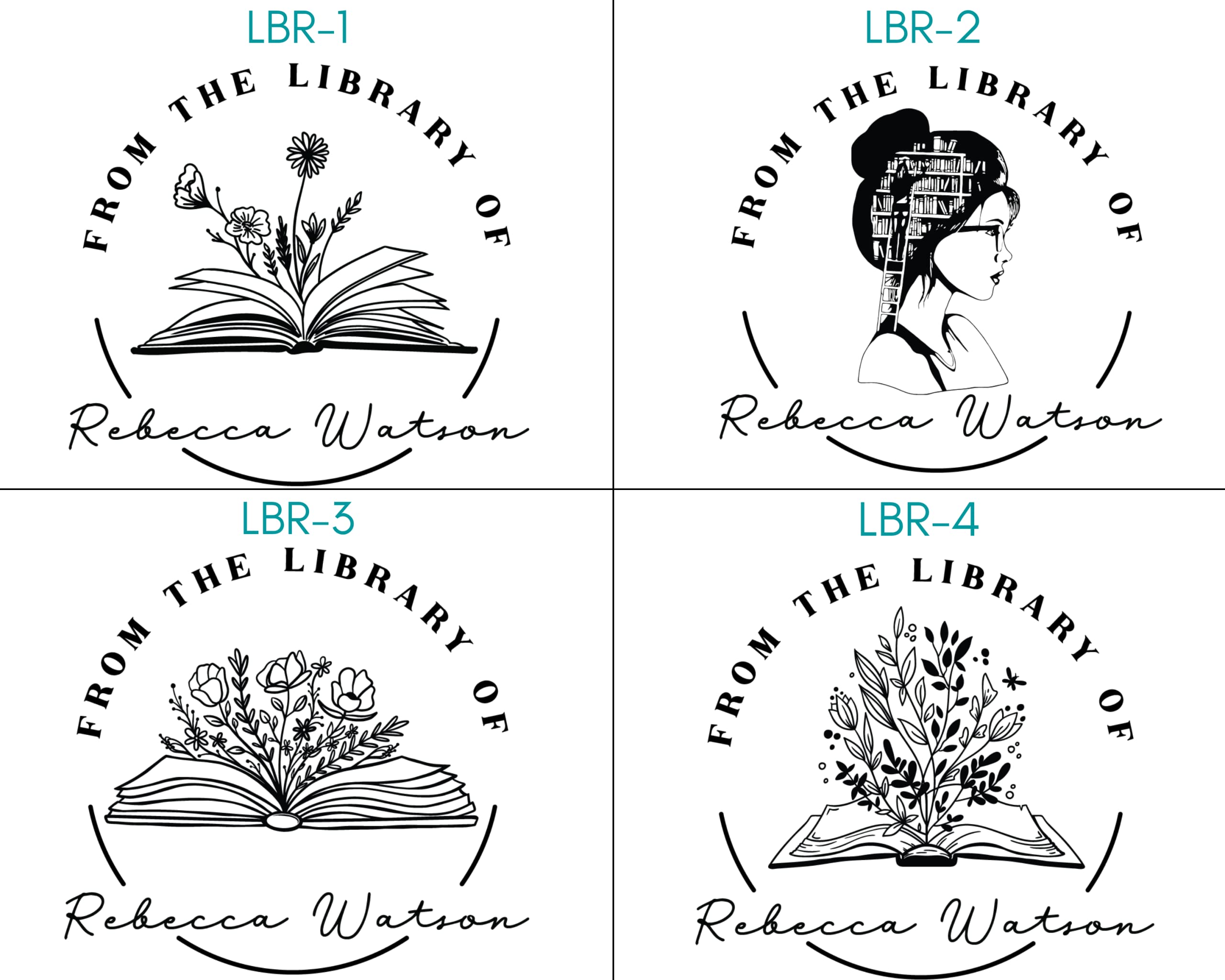 from The Library of | Ex Libris | Floral Book Stamp | Personalized Book Embosser | Custom Library Stamp | Monogram Self-Inking Wood Handle Stamper (Floral 3)