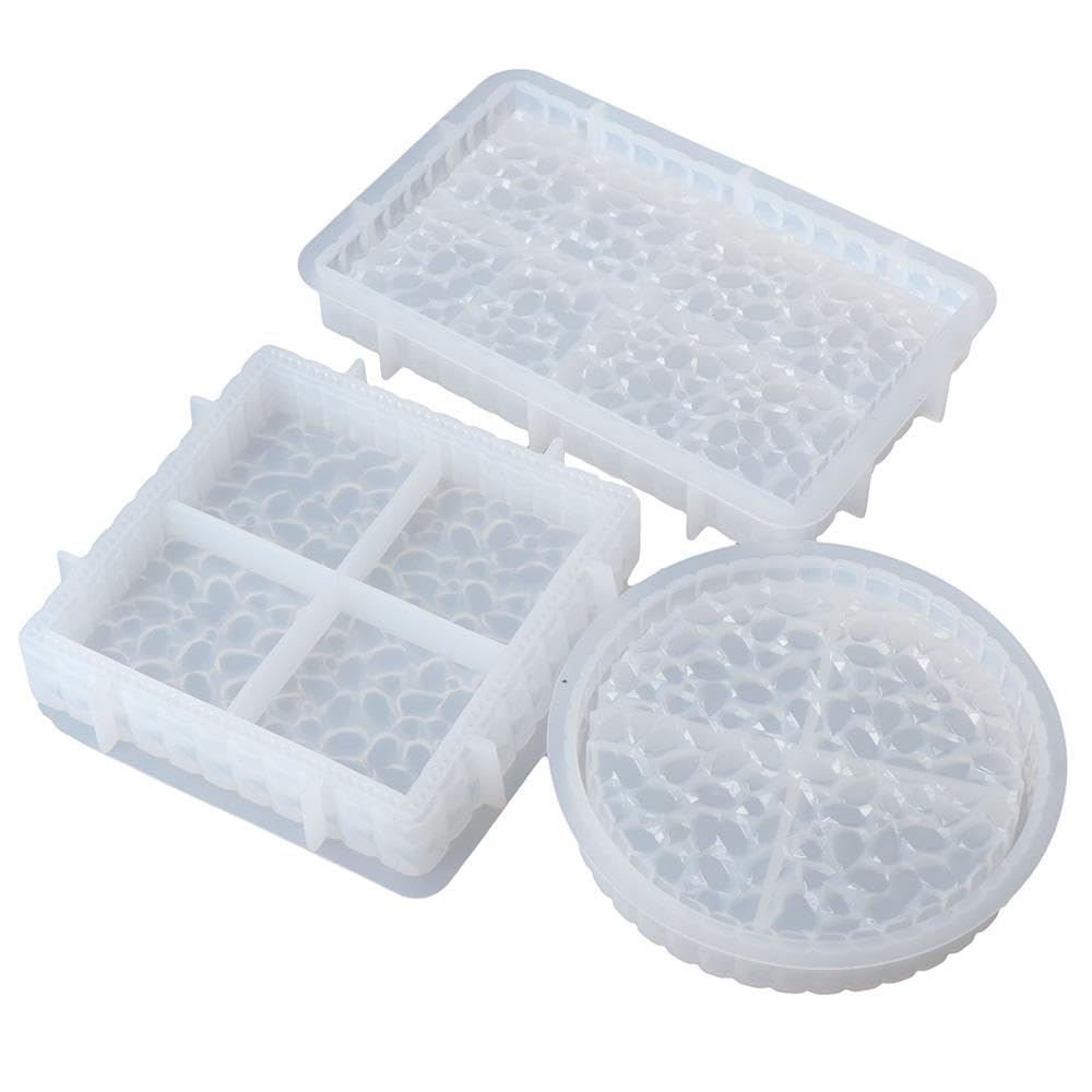 Uniquer 3Pcs Diamond Resin Tray Molds with Edges,Rectangle Round Shaped Epoxy Silicone Casting Molds for Makeup Holder,Art Craft Making Supplies