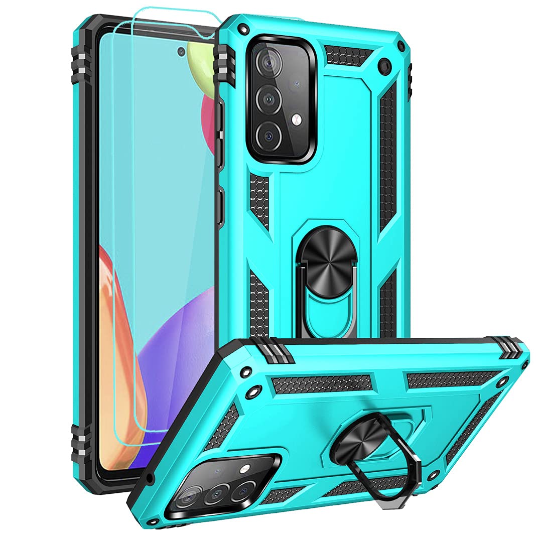 for Samsung A52 Case, Galaxy A52 Case with HD Screen Protector, Military-Grade Ring Holder Kickstand Car Mount 15ft Drop Tested Shockproof Cover Phone Case for Samsung Galaxy A52, Green