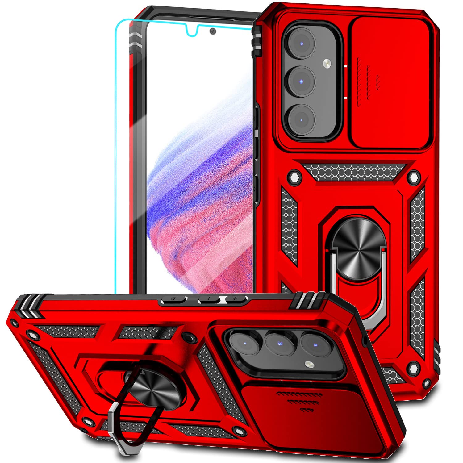 for Galaxy A54 5G Phone Case,with Screen Protectors and Camera Cover,[Military Grade] 16ft.Drop Tested Cover with Magnetic Kickstand Protective Case for Galaxy A54 5G, Red