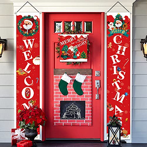 Outdoor Christmas Decorations - Merry Christmas Banners Porch Sign for Outdoor Indoor Front Door - Welcome New Year Bright Red Xmas Porch Sign Hanging for Home Wall Door Holiday Party Decor